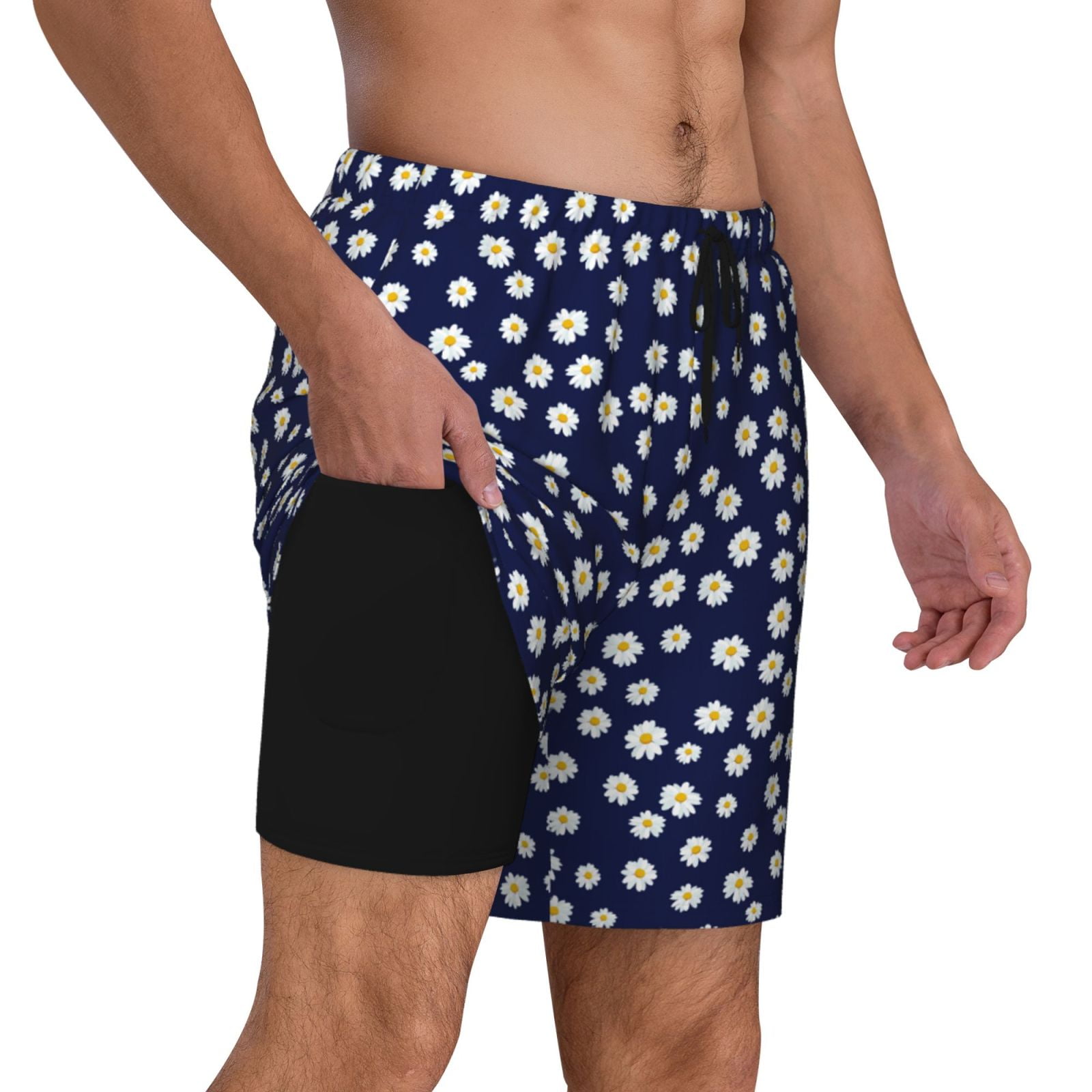 Tebeau Daisies Flowers Print Men's Swim Trunks with Compression Liner ...