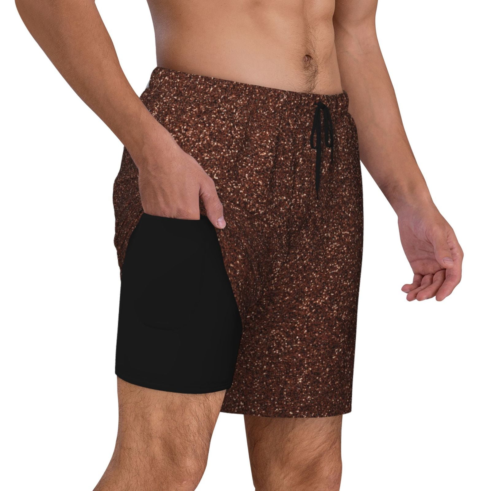 Tebeau Dark Brown Glitter Print Men's Swim Trunks with Compression ...