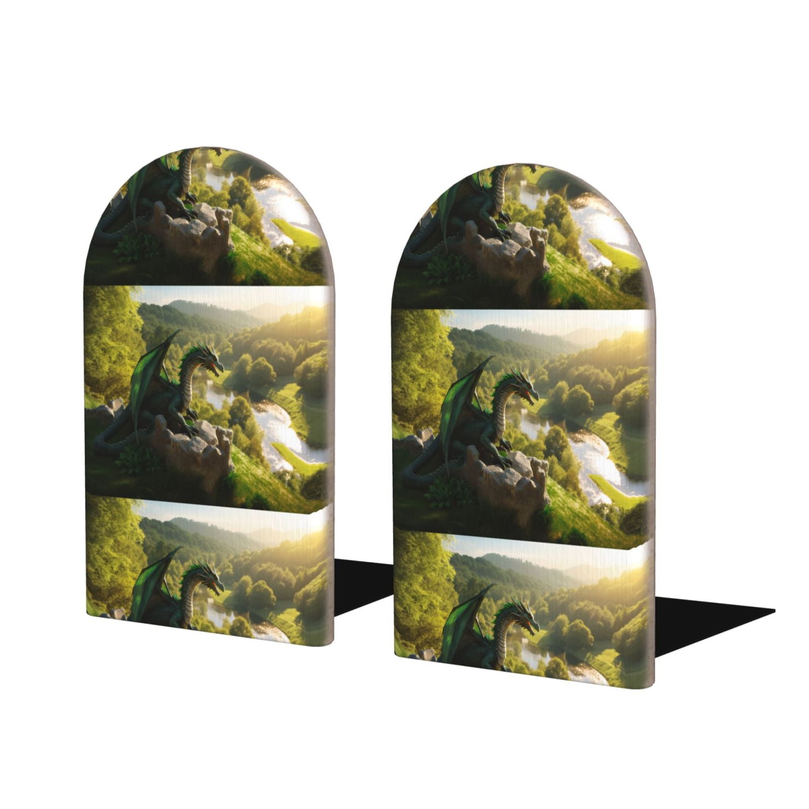 Tebeau Deep Forest Stone Green Dragon Print Wood Bookends for Shelves ...