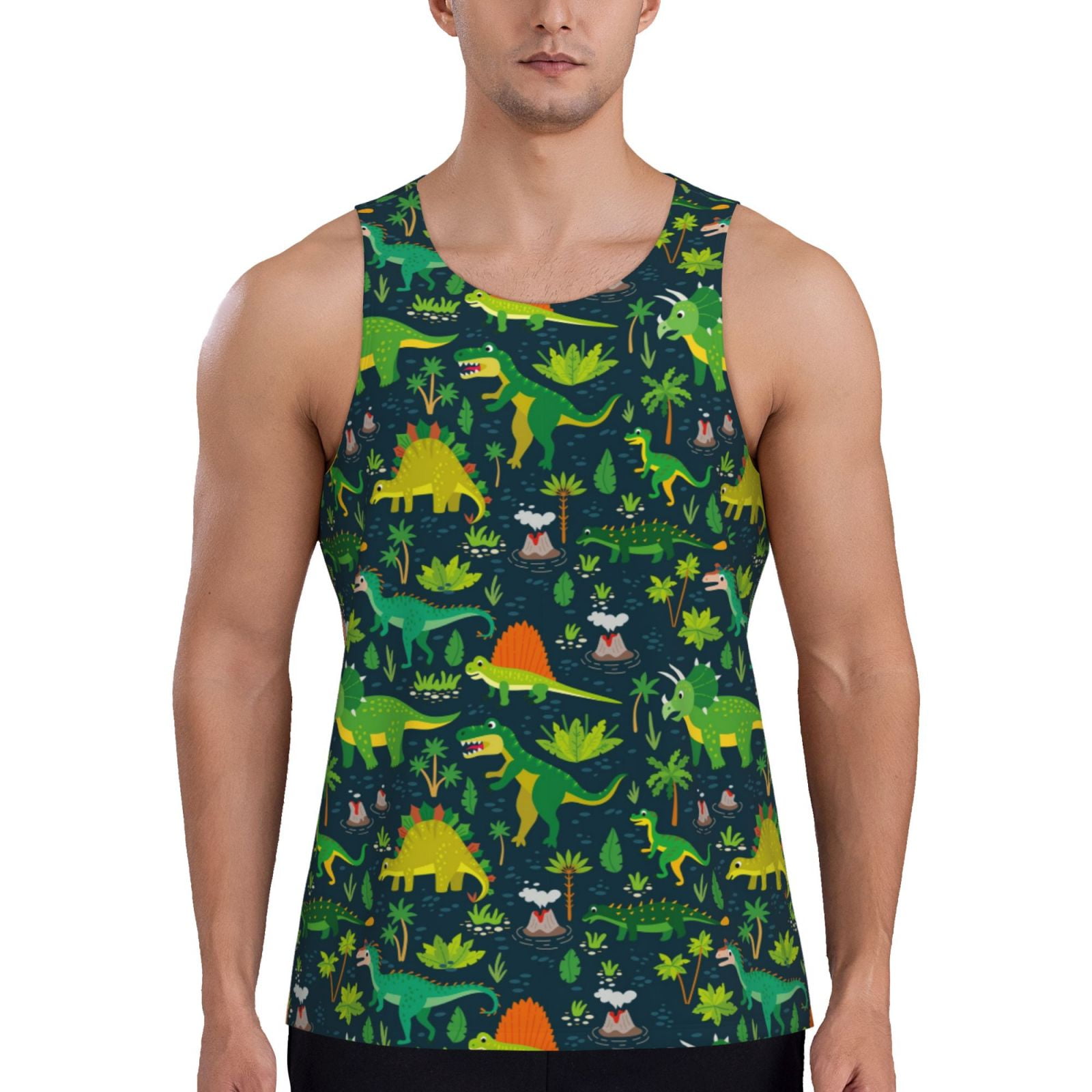 Tebeau Dinosaurs and Tropical Leaves and Flowers Print Men's Drop Arm ...
