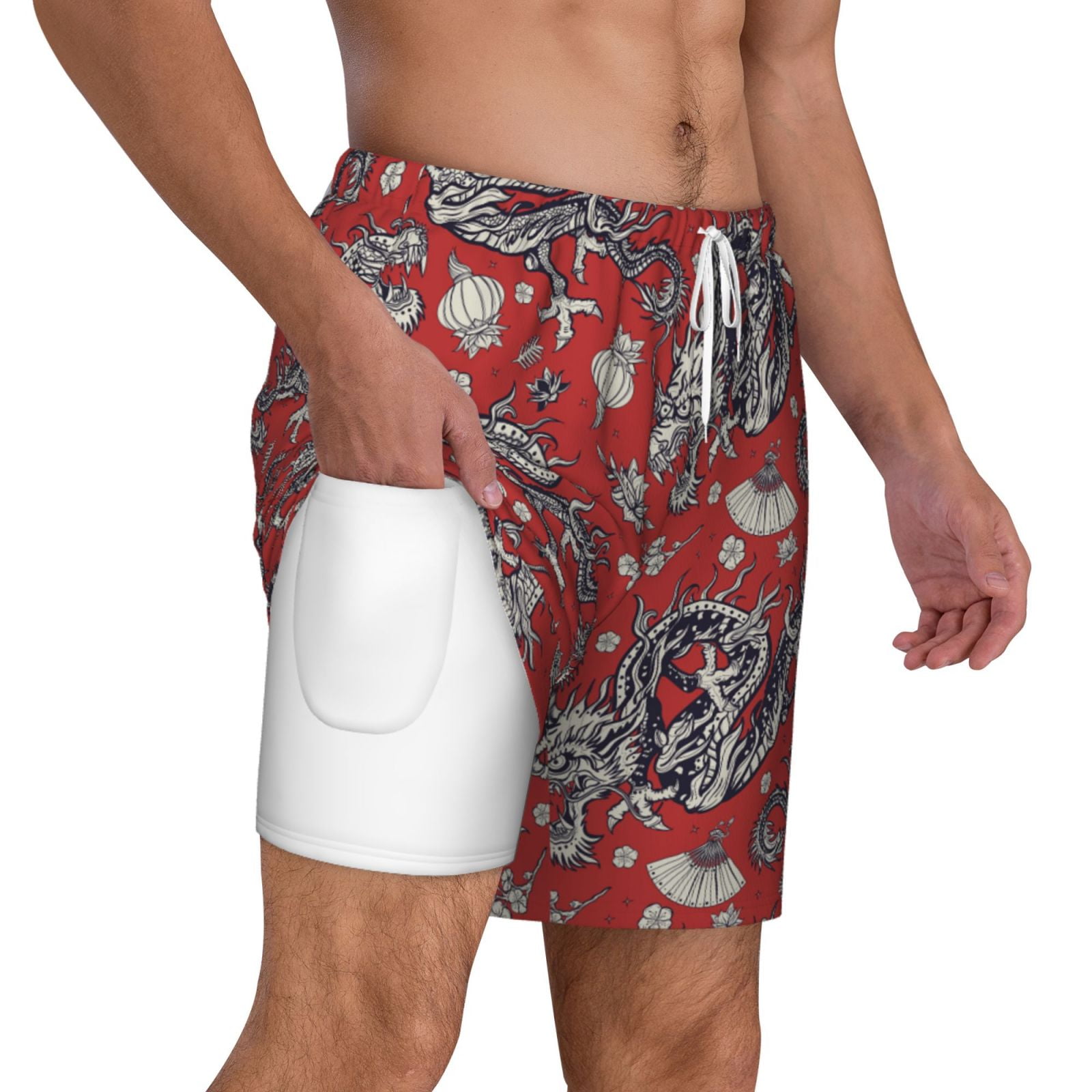 Tebeau Dragons2 Print Men's Swim Trunks with Compression Liner,Bathing ...