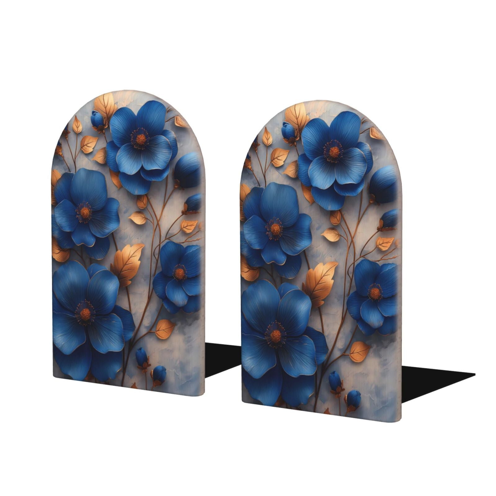 Tebeau Elegant Blue Gold Blooms Print Wood Bookends for Shelves ...