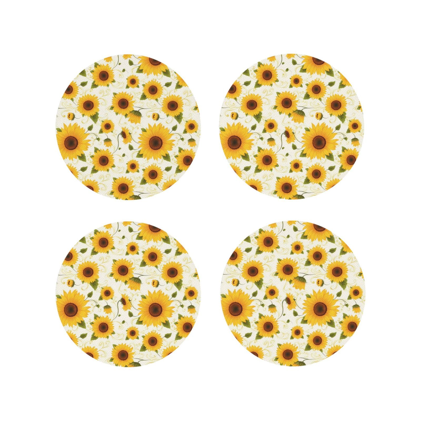 Tebeau European-style Pattern Sunflower A Print Set of 4 Leather Drink ...