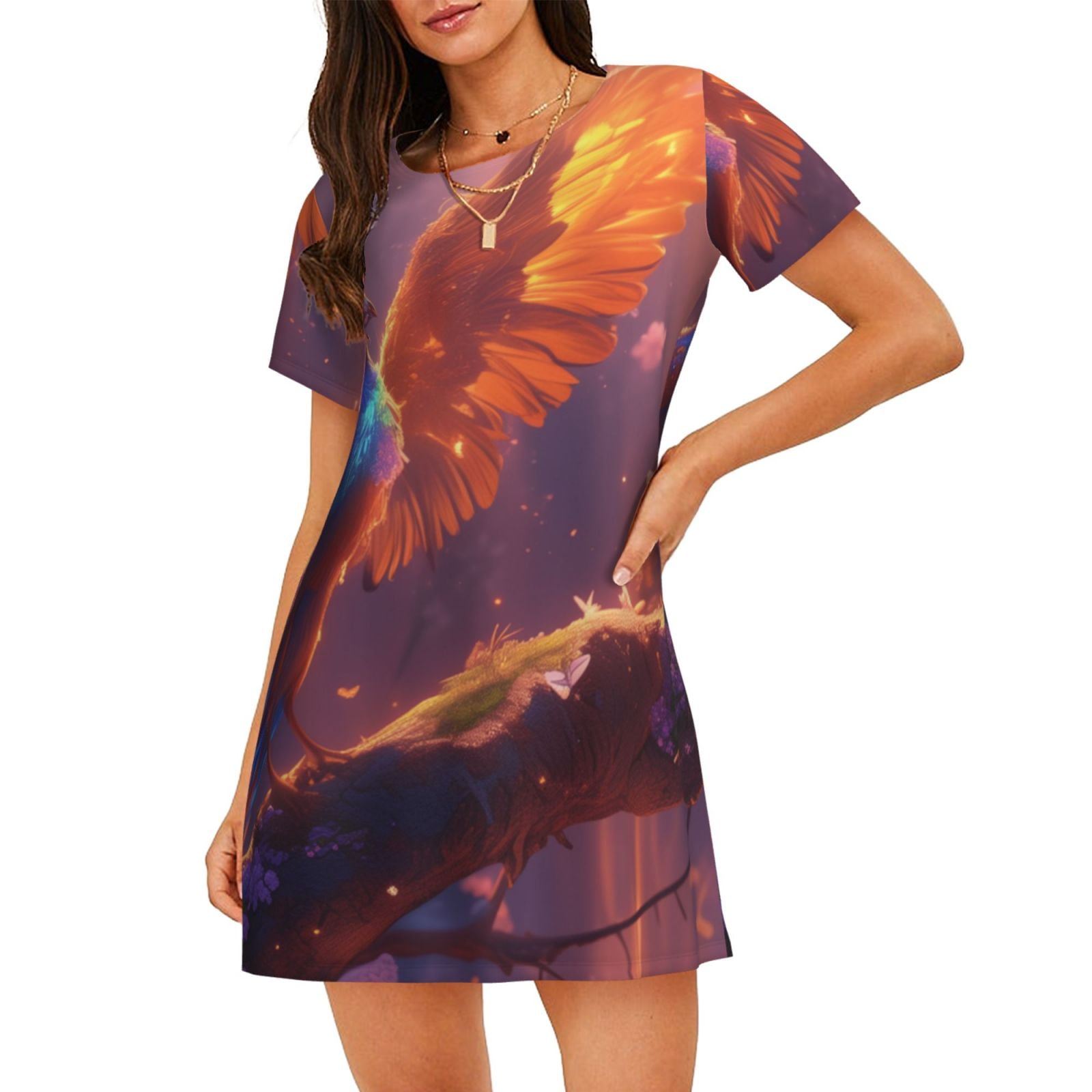 Tebeau Fantasy Bird Illustration Print Women's Loose Short Sleeve ...
