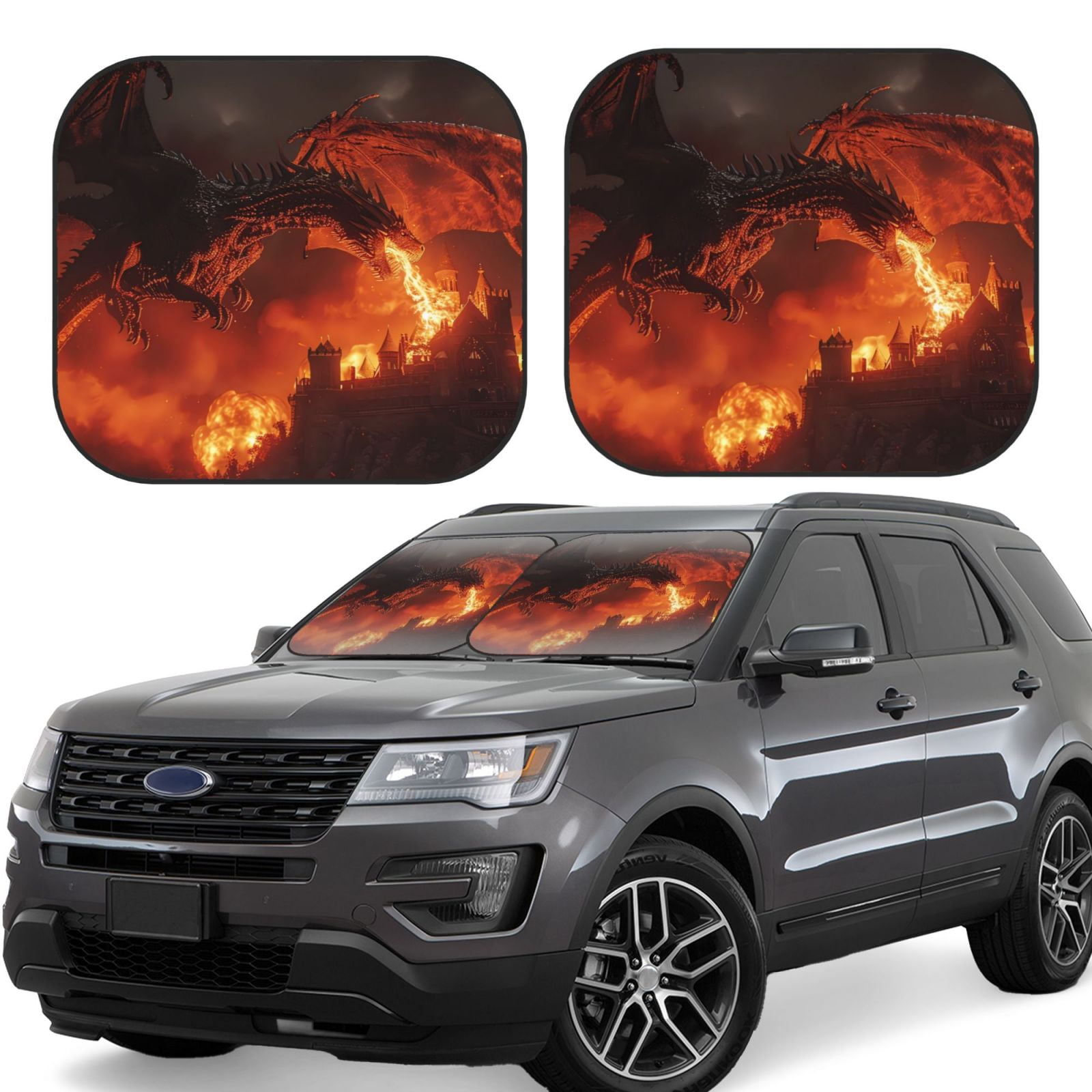 Tebeau Fiery Dragons Castle Attack Print Foldable Car Windshield Sun ...