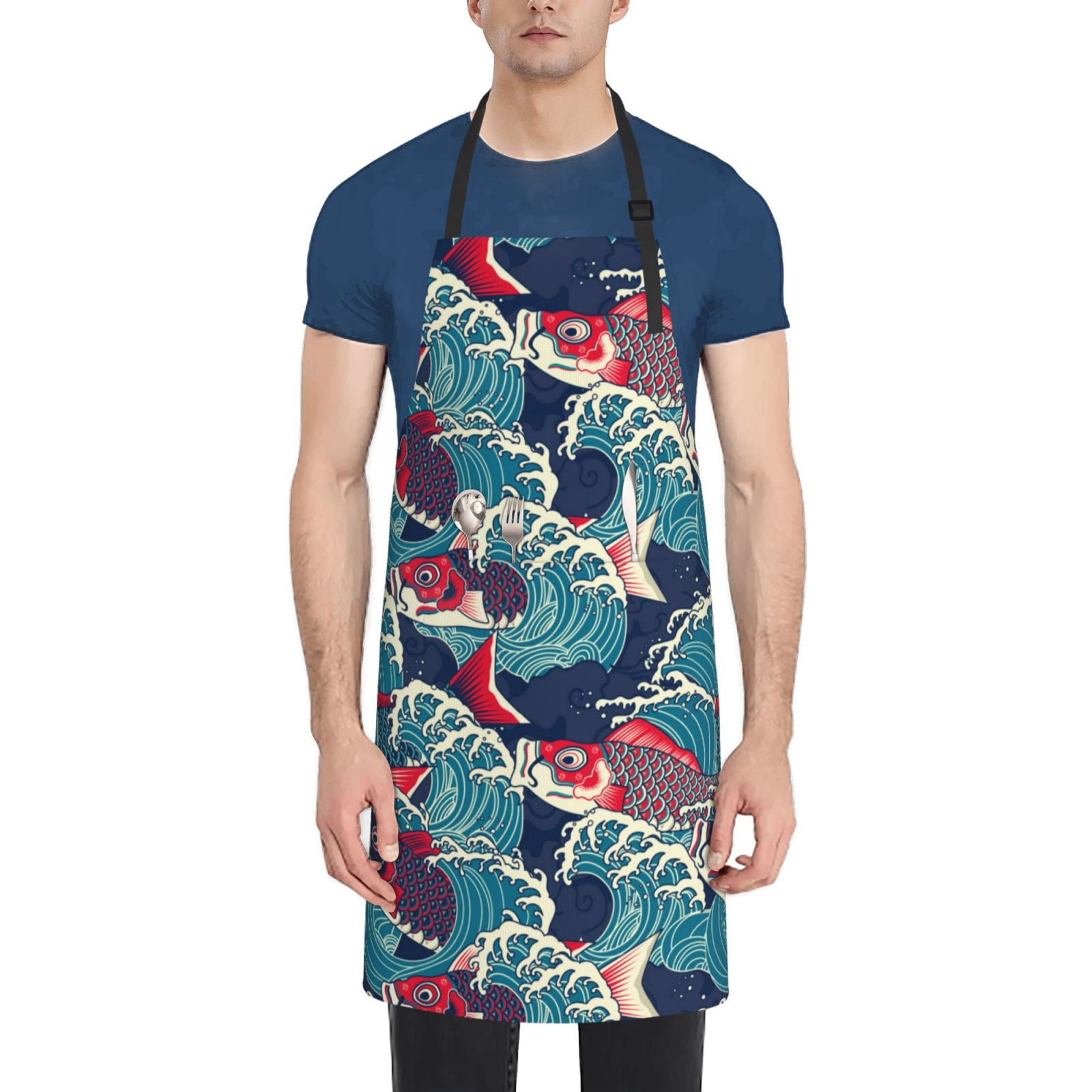 Tebeau Fish In The Wave Print Waterproof Cooking Aprons, Adjustable Bib ...