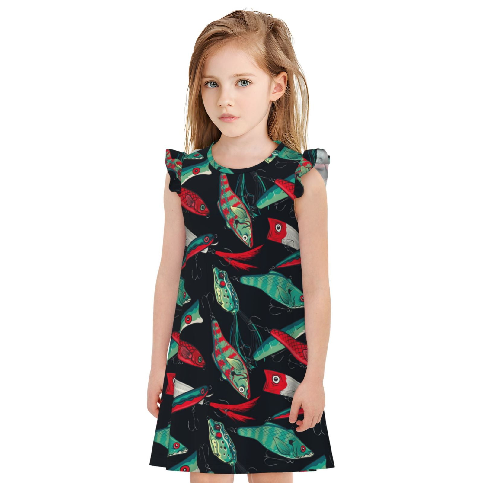 Tebeau Fishing Lure Print Girls Nightgowns Flutter Sleeve Pajamas Dress ...