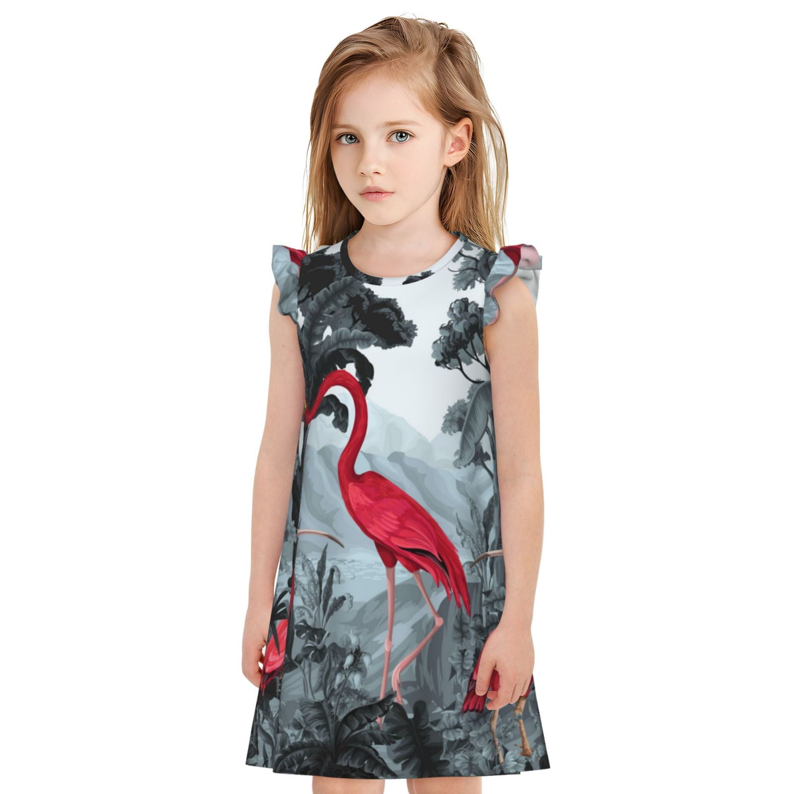 Tebeau Flamingo On The Jungle Print Girls Nightgowns Flutter Sleeve Pajamas Dress Girls Princess ...