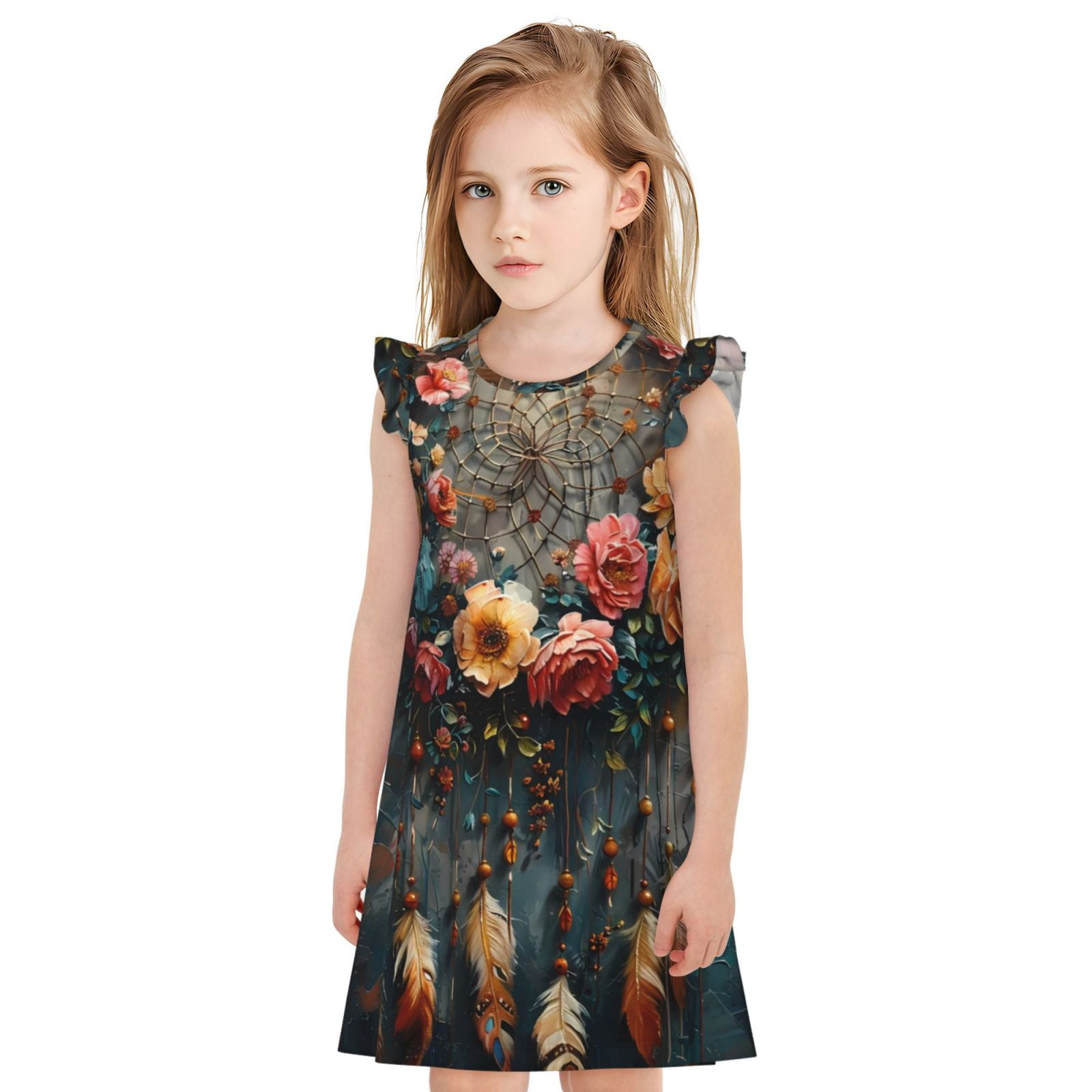 Tebeau Floral Dreamcatcher Elegance Print Girls Nightgowns Flutter Sleeve Pajamas Dress Girls ...