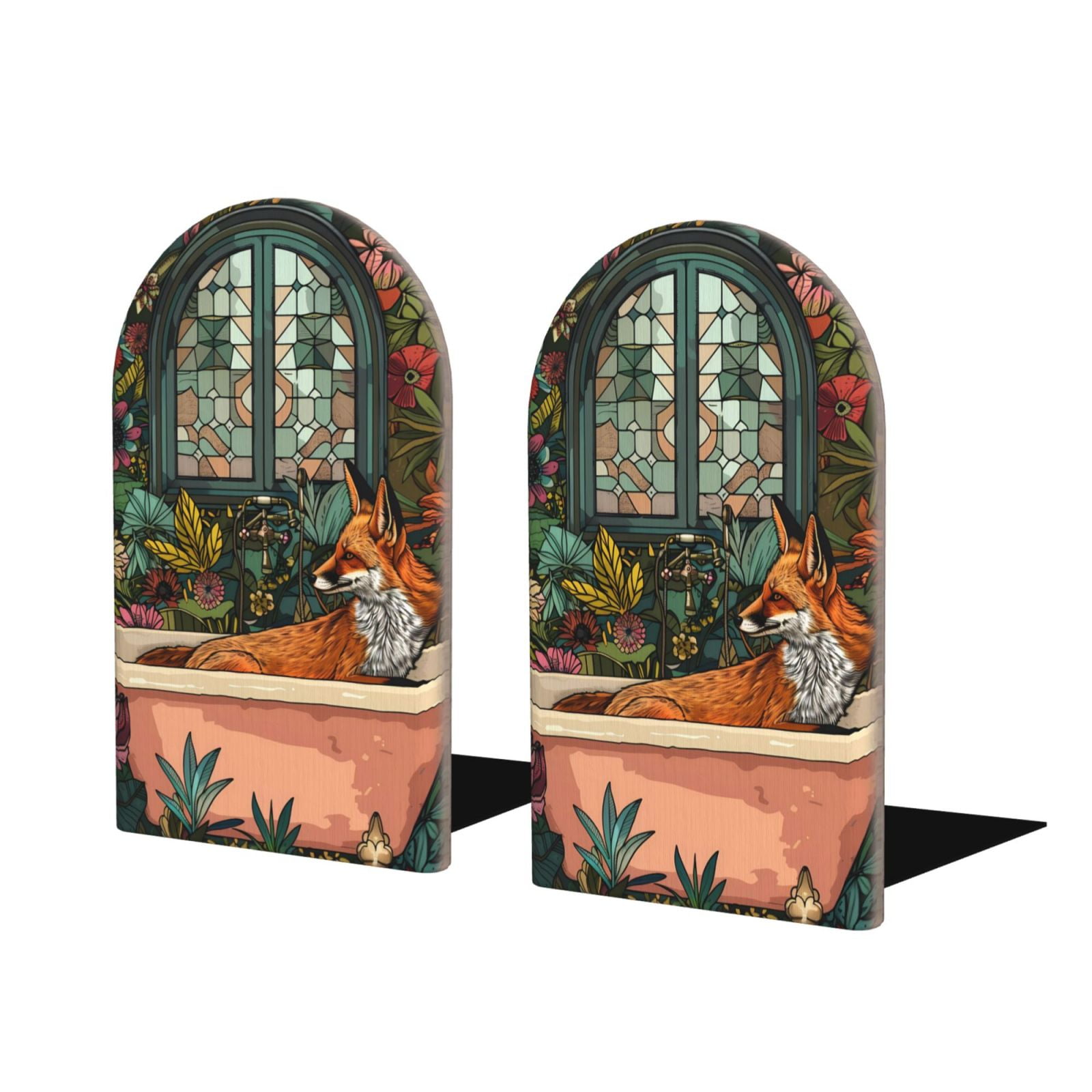 Tebeau Fox Bathtub Floral Art Print Wood Bookends for Shelves,Bookends ...