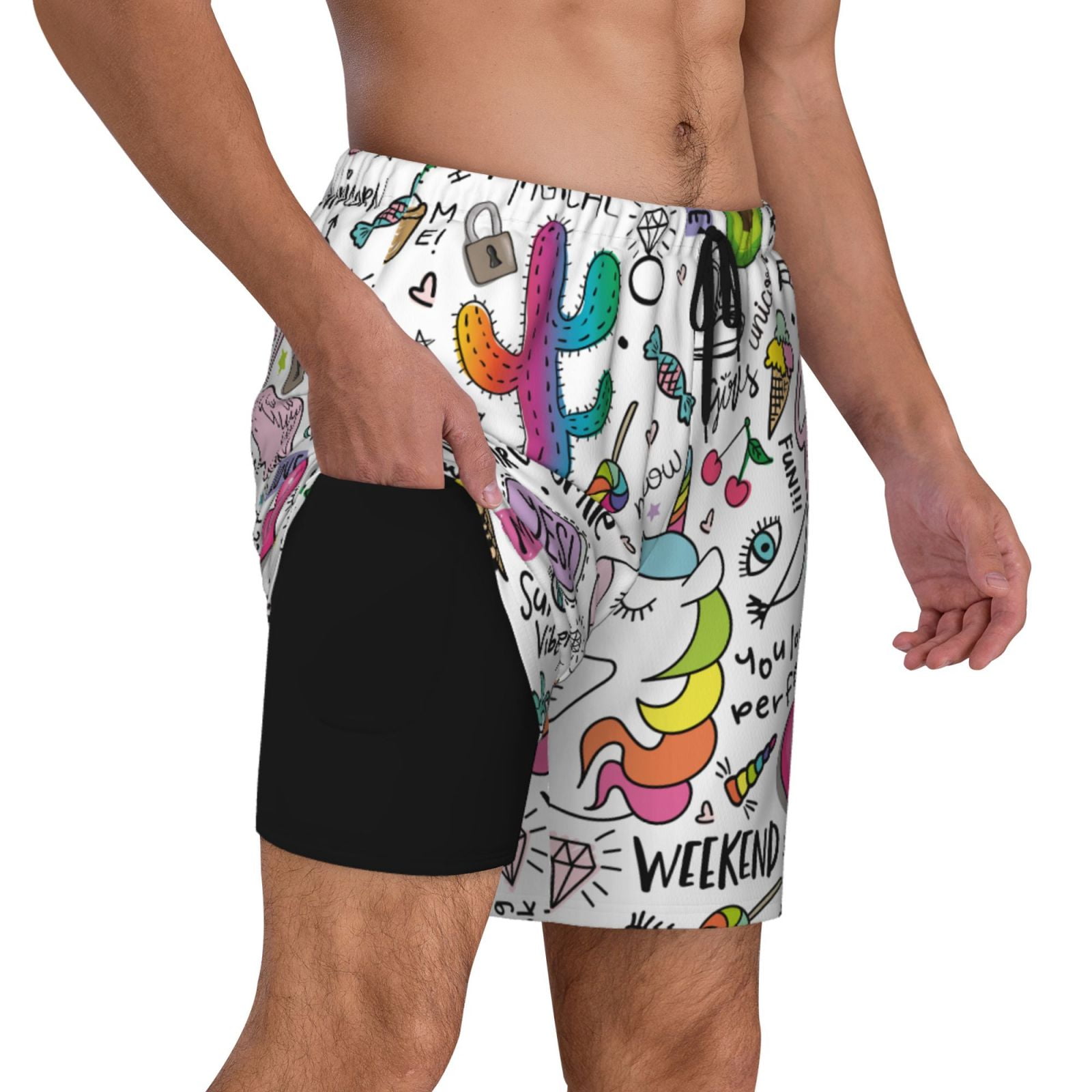 Tebeau Fun Animal with Unicorn Print Men's Swim Trunks with Compression ...