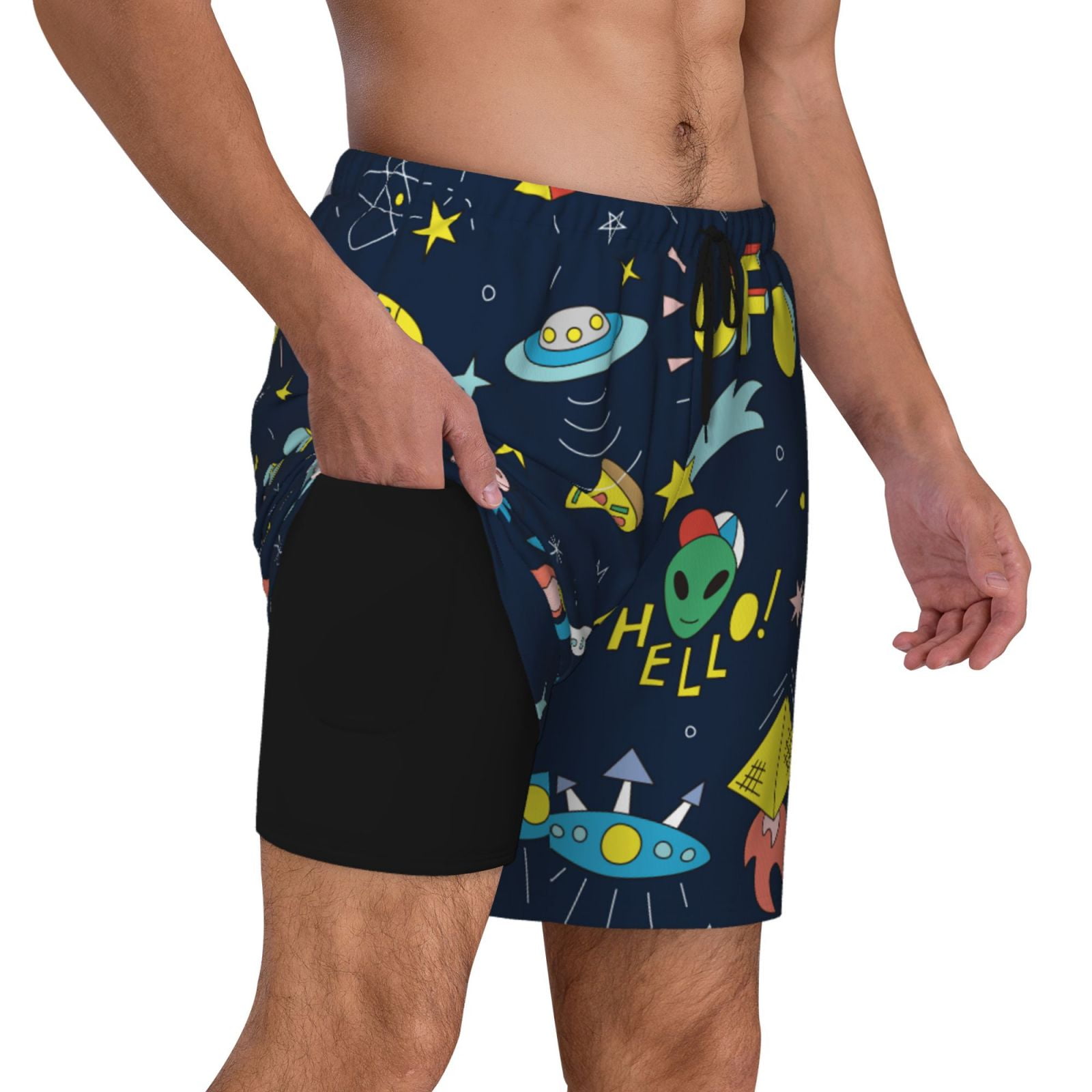 Tebeau Funny Spaceships Print Men's Swim Trunks with Compression Liner ...