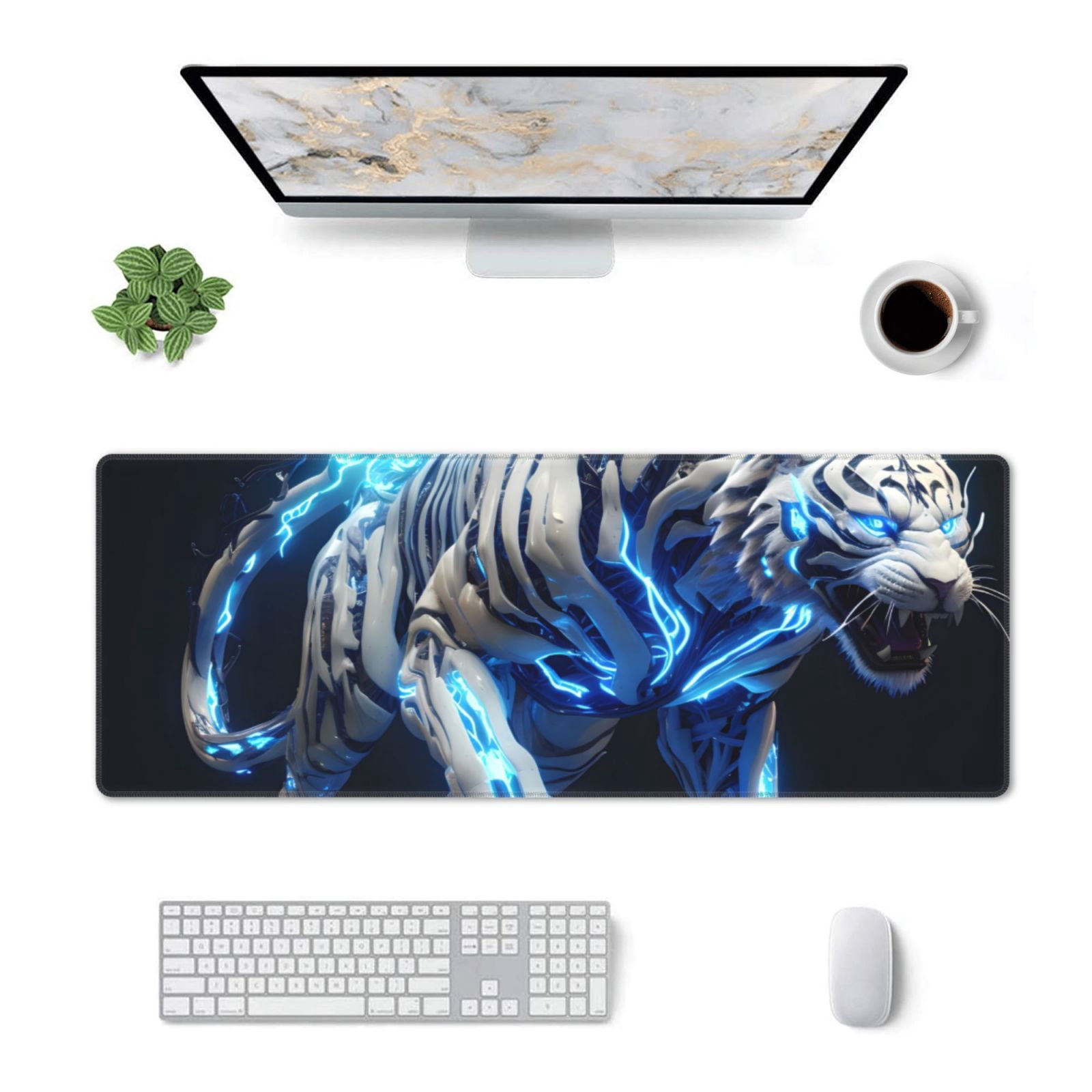 Tebeau Futuristic Blue Light White Tiger Print 12x31.5 inch Gaming ...