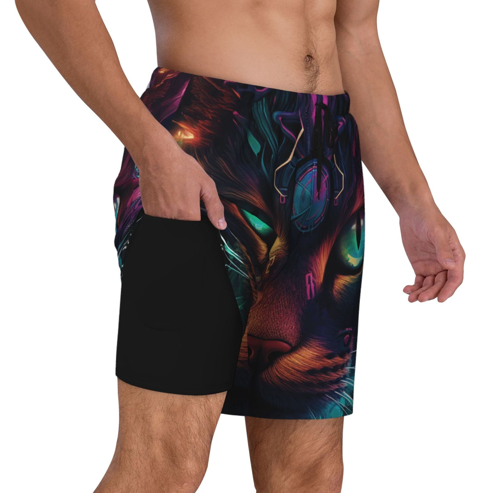 Tebeau Futuristic Cat Warrior Print Men's Swim Trunks with Compression ...