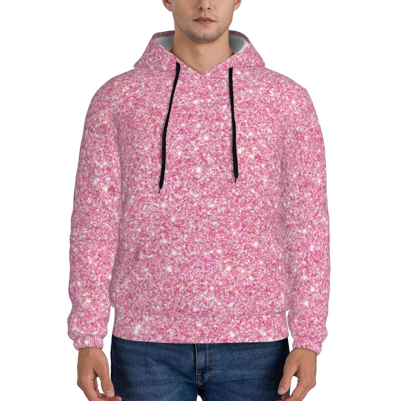 Tebeau Glitter Pink Print Mens Casual Hooded Collar Drawstring Hoodies ...