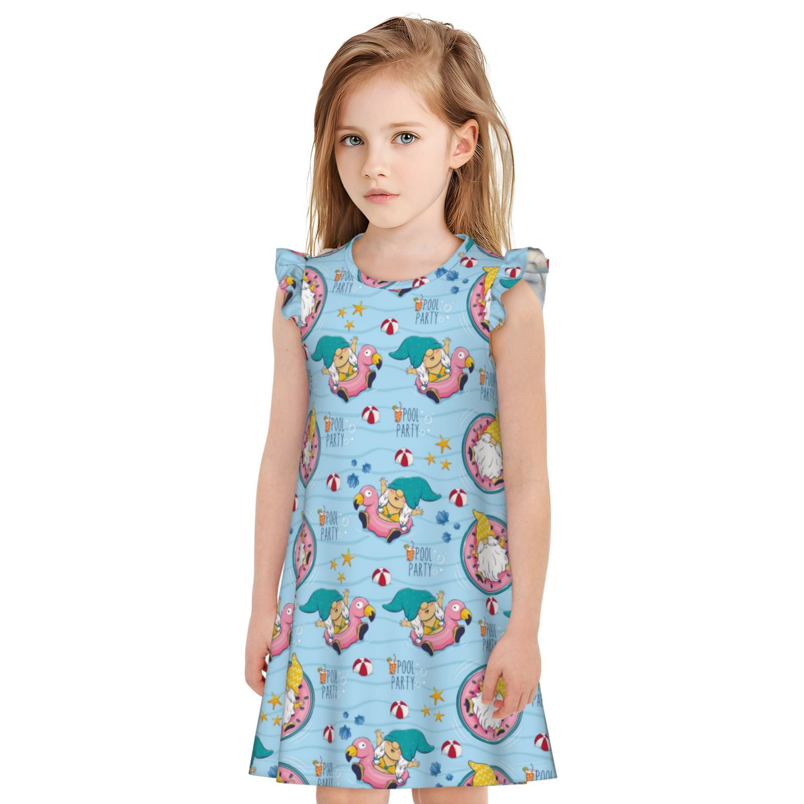 Tebeau Gnome Pool Party Print Girls Nightgowns Flutter Sleeve Pajamas ...