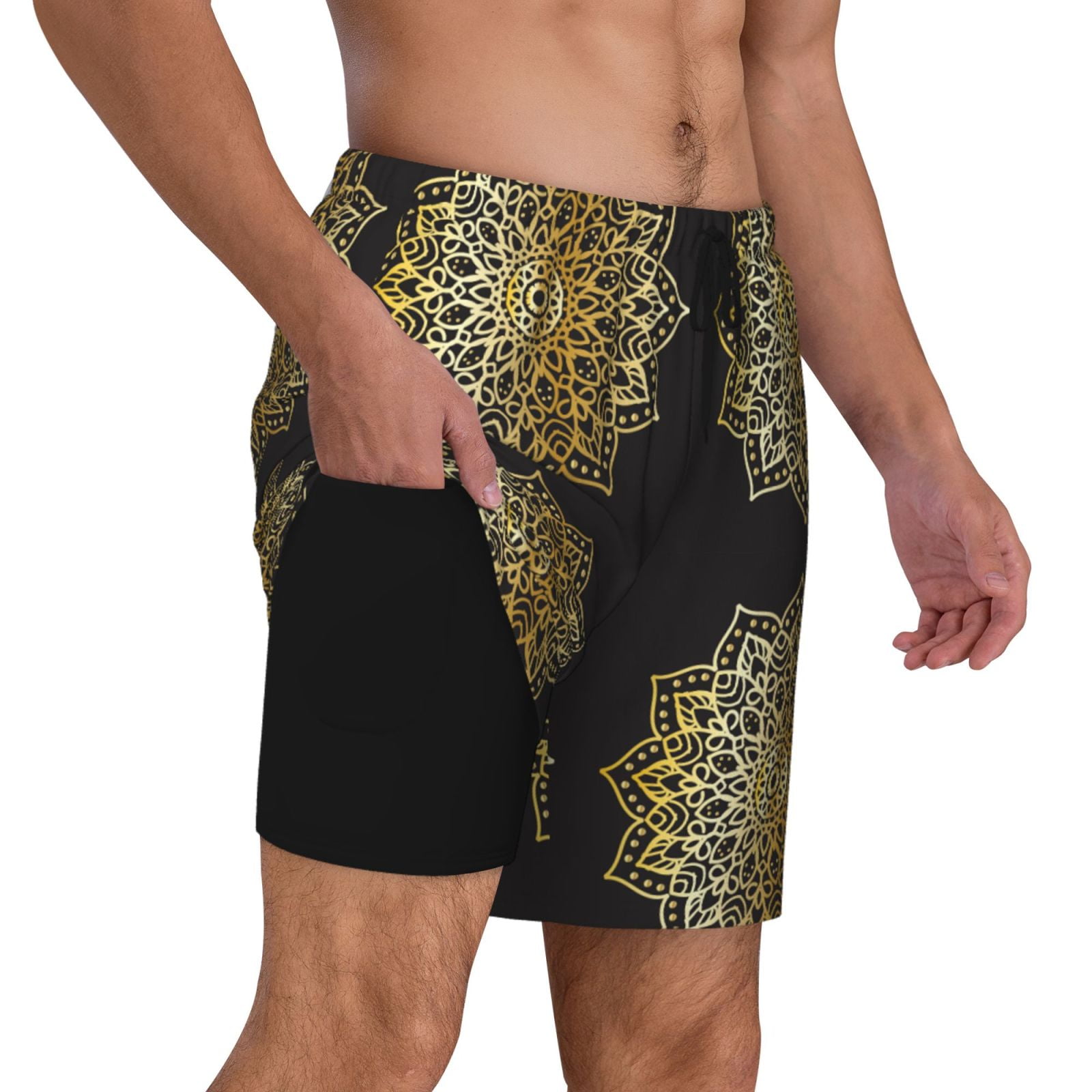 Tebeau Gold Mandala Print Men's Swim Trunks with Compression Liner ...
