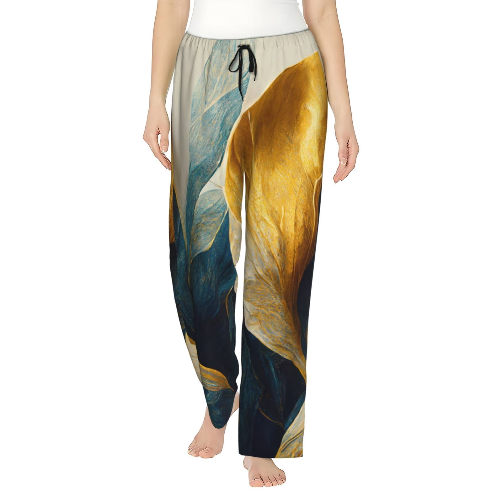 Tebeau Golden Blue Leaf Design Print Women Pajama Pants Women's ...