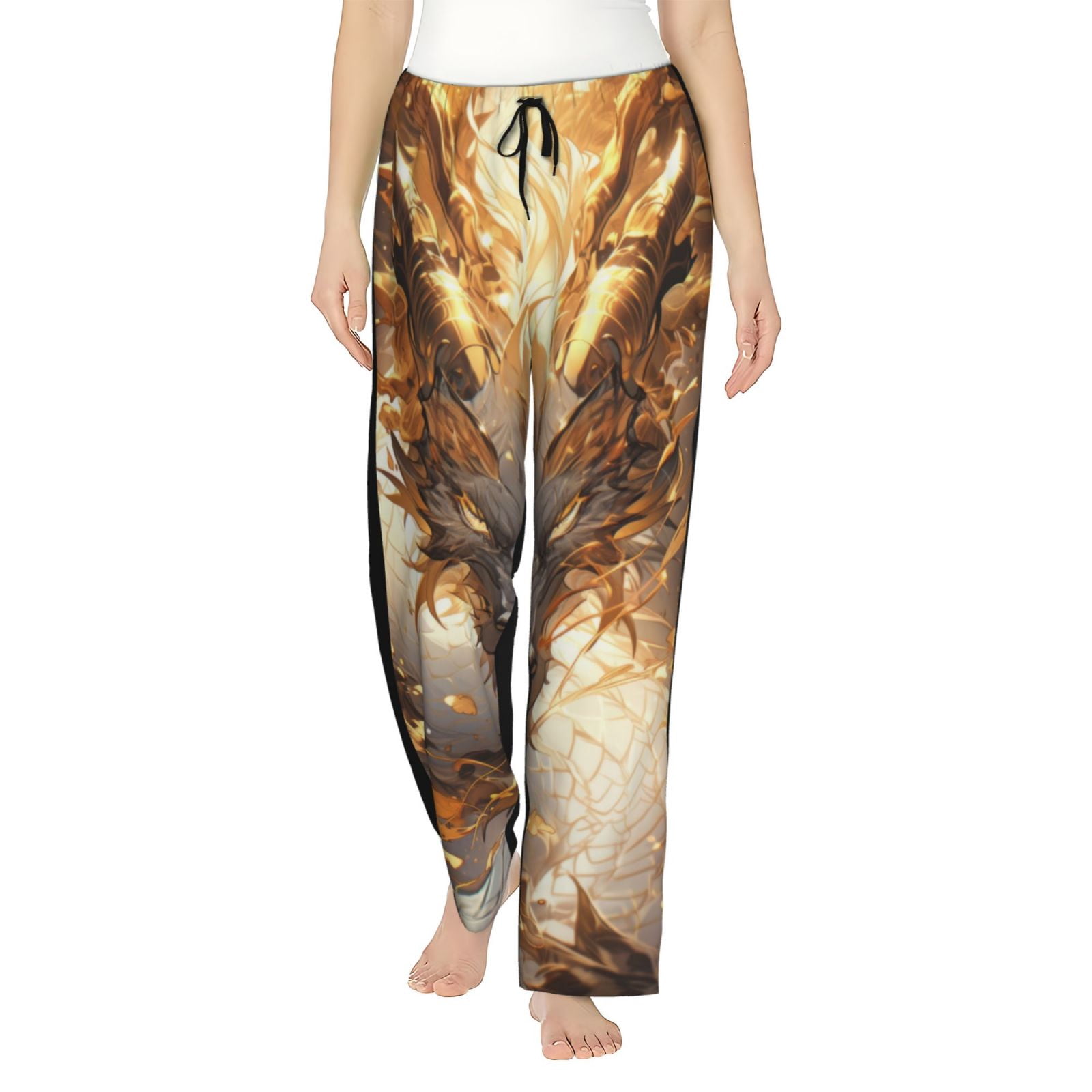 Tebeau Golden Horned White Dragon Print Women Pajama Pants Women's Drawstring Pajama Pants ...