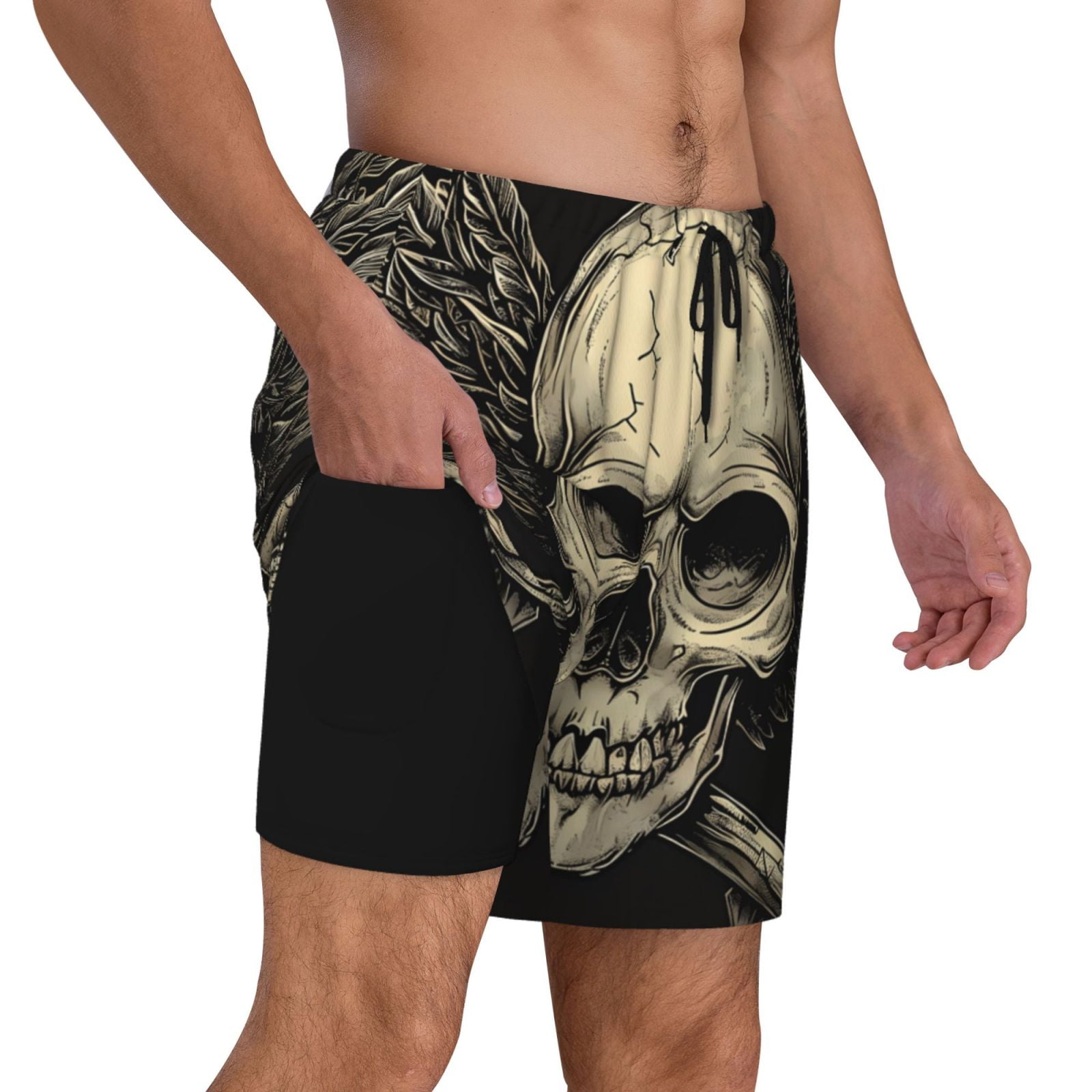 Tebeau Gothic Winged Skull Print Men's Swim Trunks with Compression Liner,Bathing Suit Beach ...