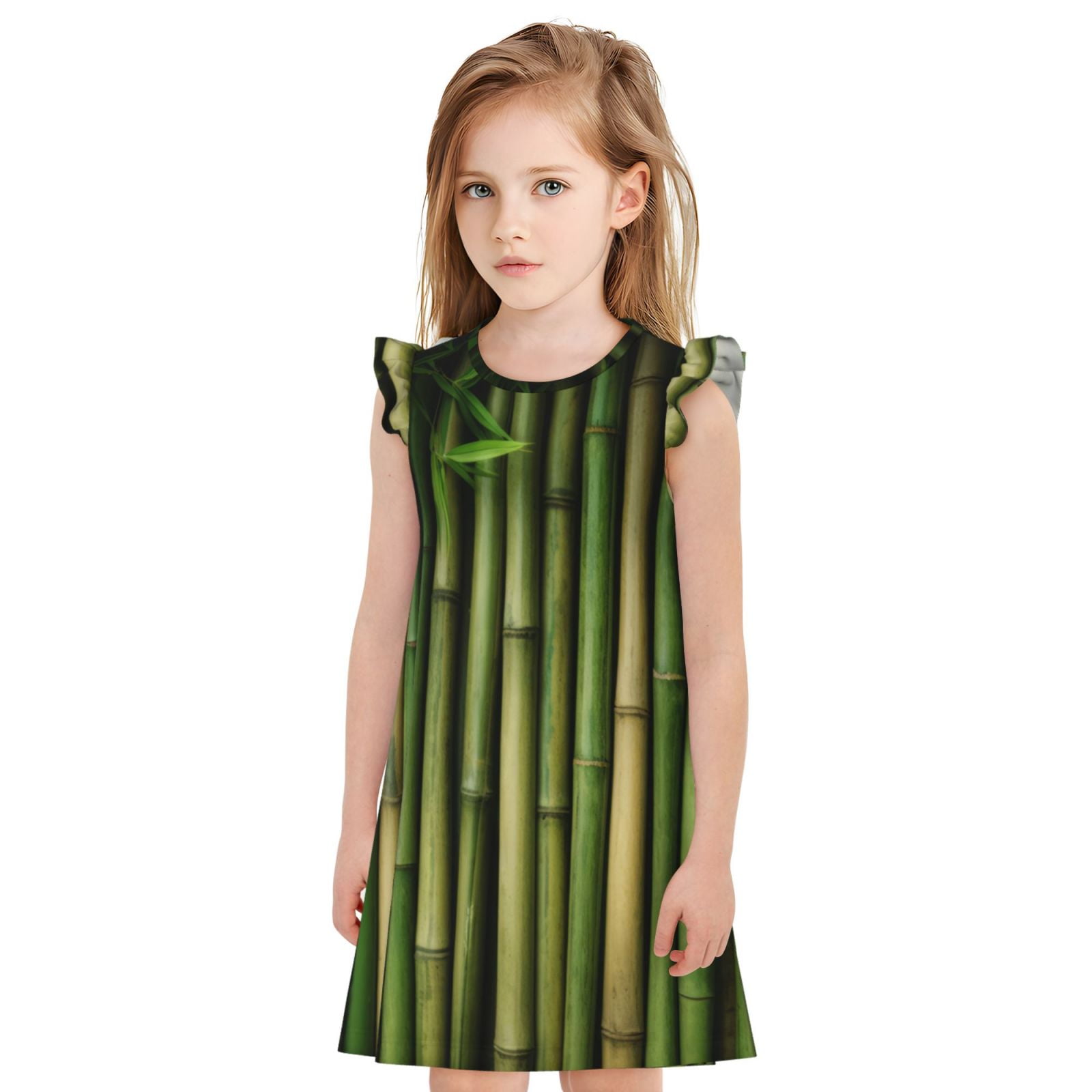 Tebeau Green Bamboo Fence1 Print Girls Nightgowns Flutter Sleeve ...