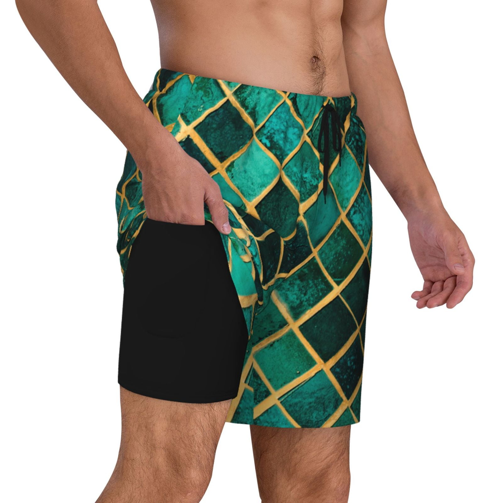Tebeau Green Mosaic Glass Print Men's Swim Trunks with Compression ...