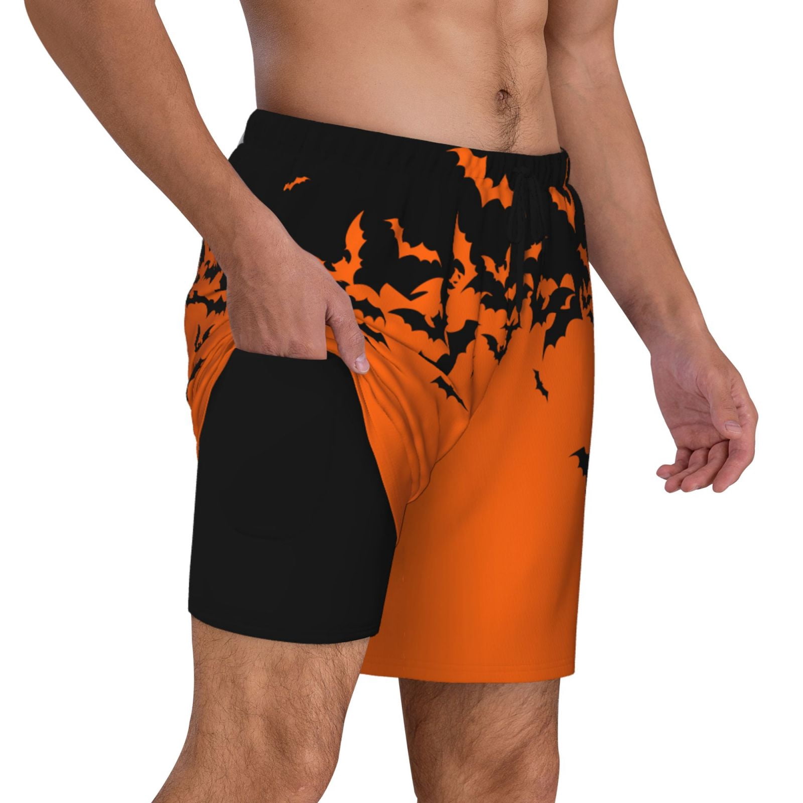 Tebeau Halloween With Black Bats Print Men's Swim Trunks with ...