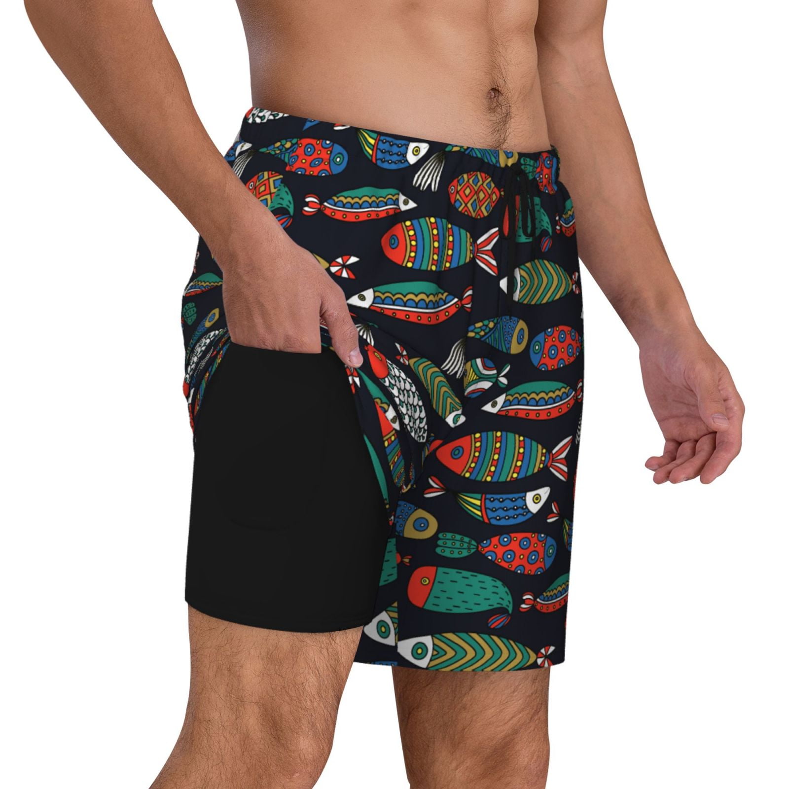 Tebeau Hand Drawn Colorful Fishes Print Men's Swim Trunks with ...