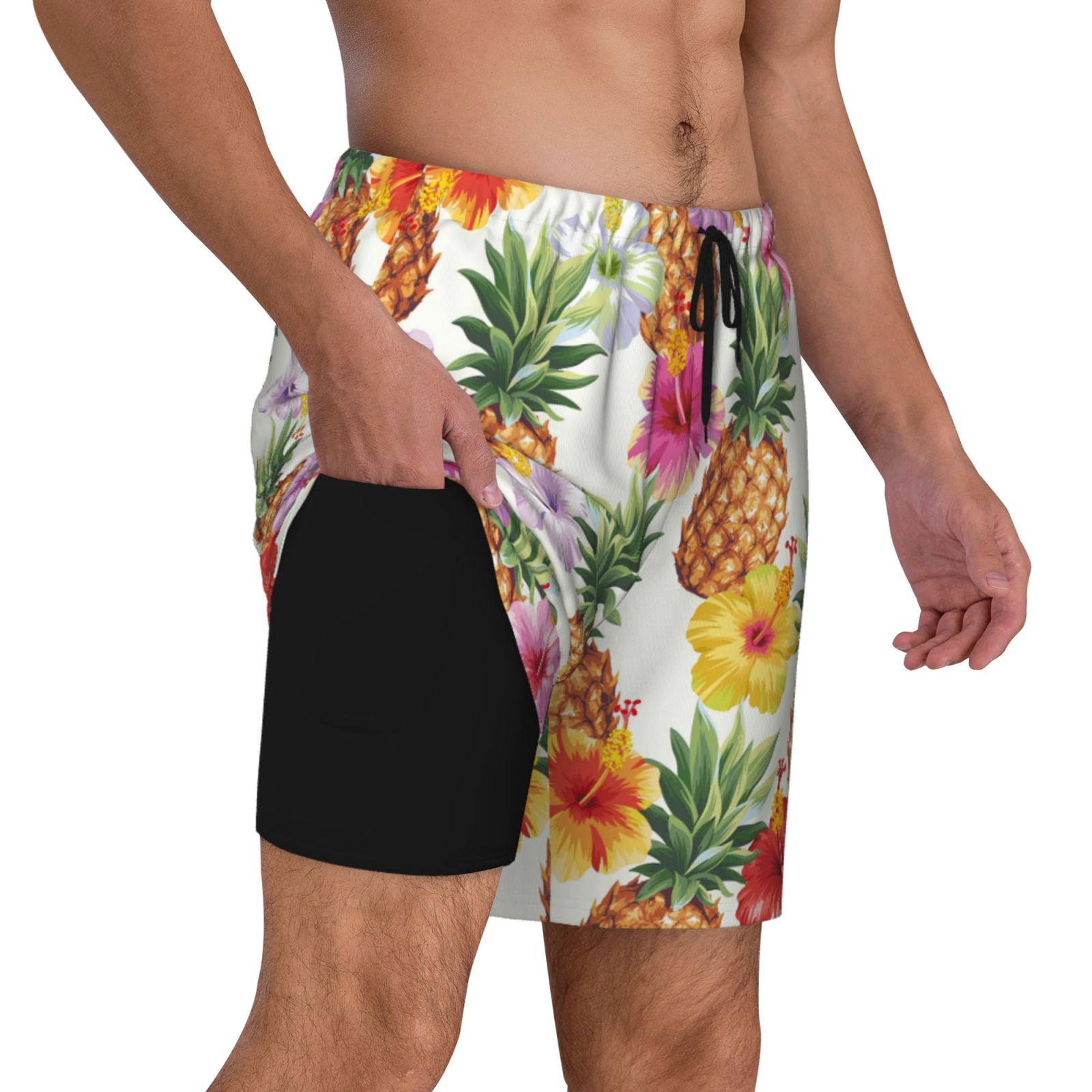 Tebeau Hawaiian Pineappl Print Men's Swim Trunks with Compression Liner ...