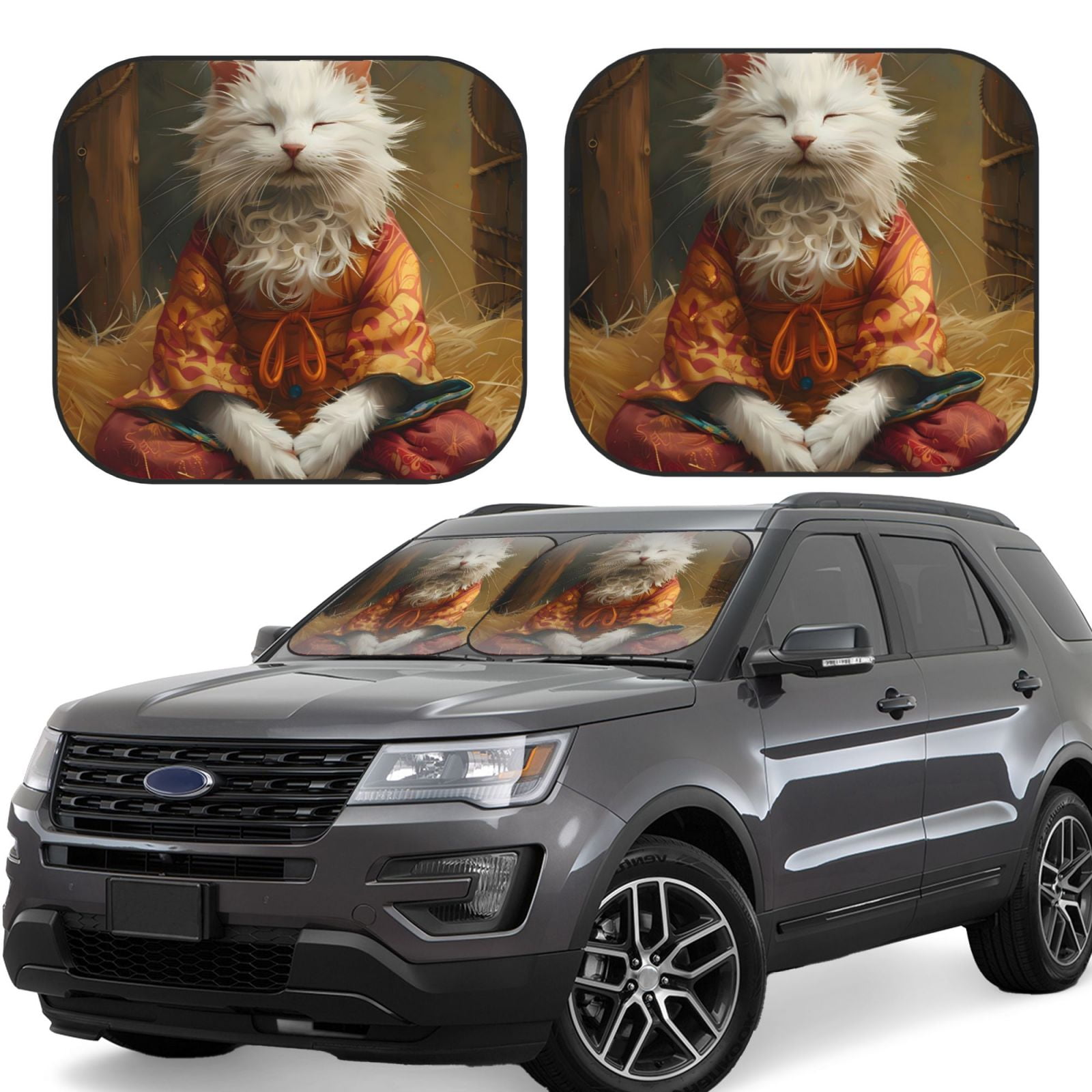 Tebeau Haystack Meditating Cat Print Foldable Car Windshield Sun Shades ...