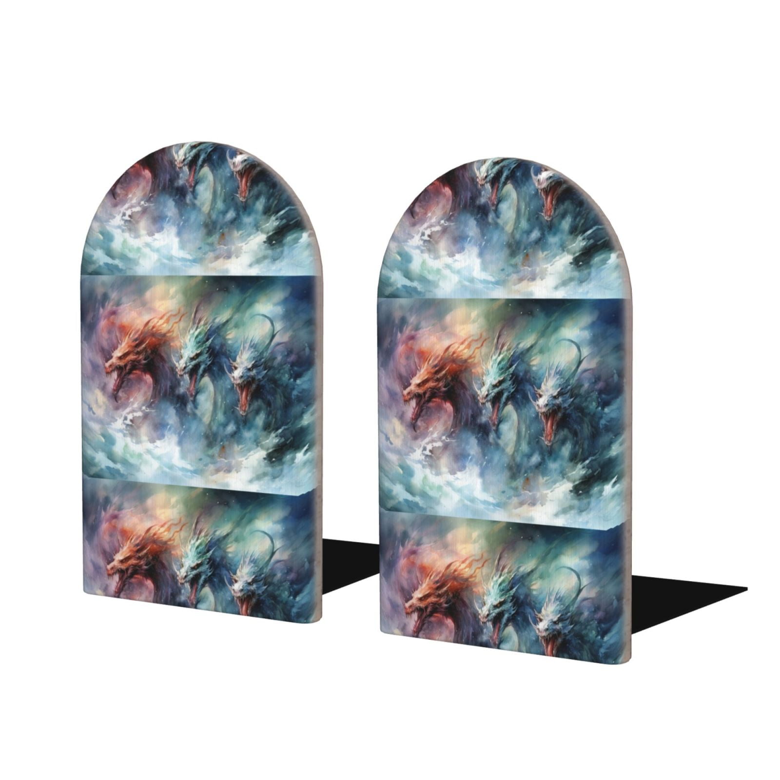 Tebeau Ink Style Wave Dragon Print Wood Bookends for Shelves,Bookends ...