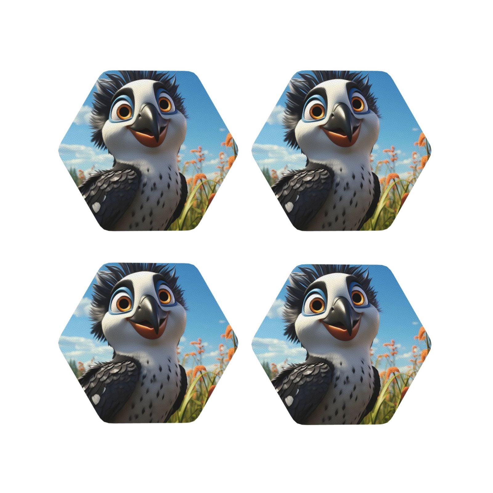 Tebeau Joyful Animated Bird Print Set of 4 Leather Drink Coasters Round ...