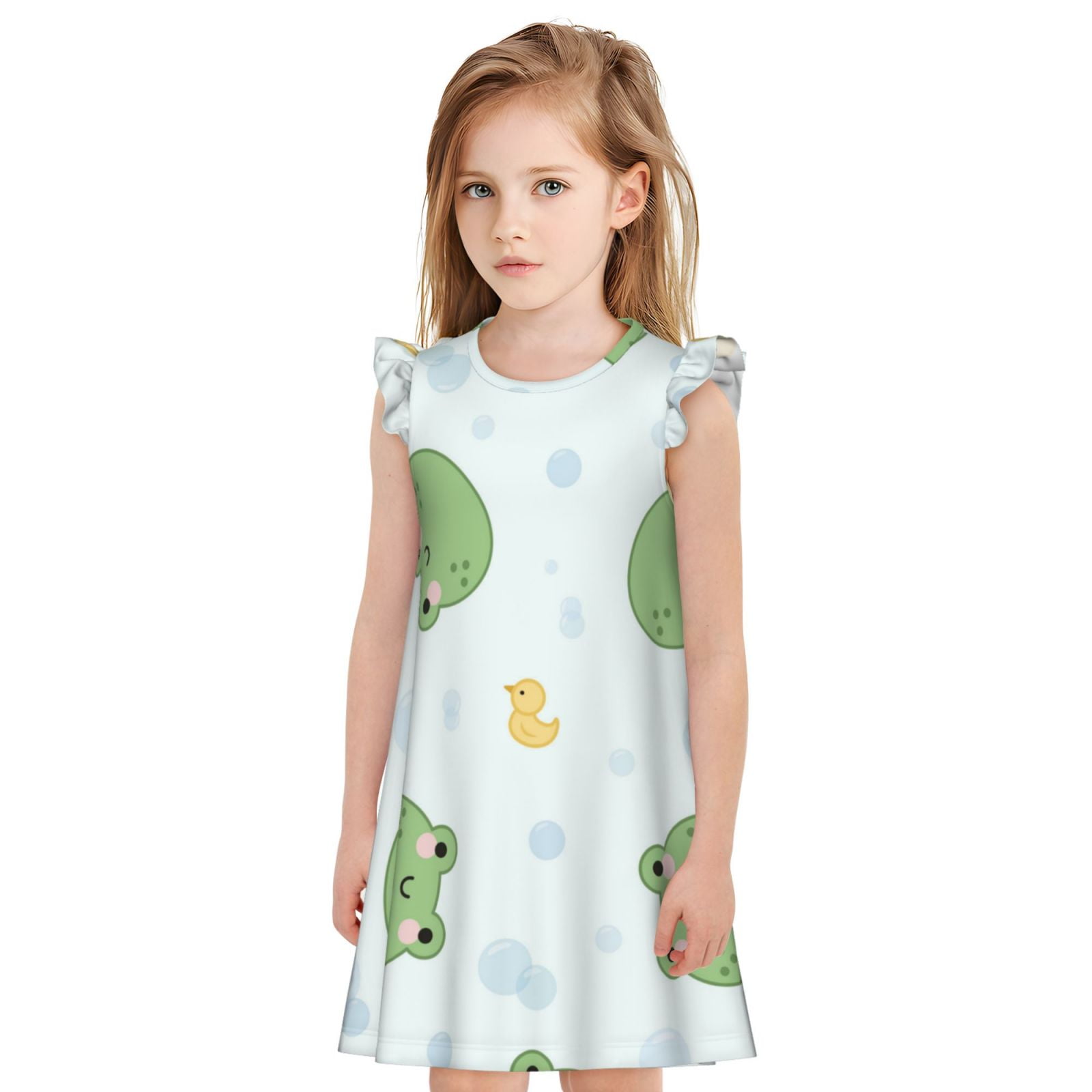 Tebeau Kawaii Frogs Print Girls Nightgowns Flutter Sleeve Pajamas Dress ...