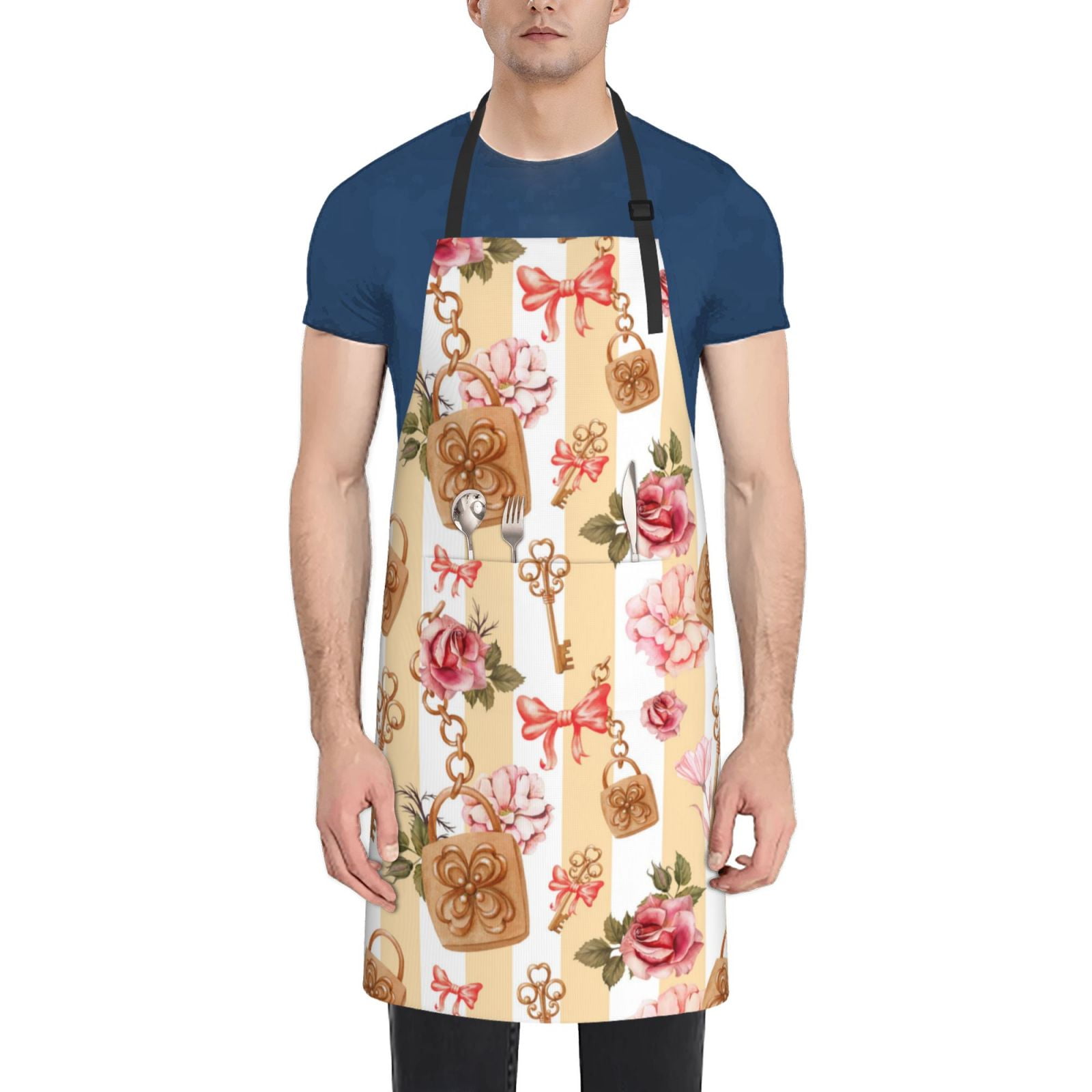 Tebeau Key Lock And Flowers Print Waterproof Cooking Aprons, Adjustable ...