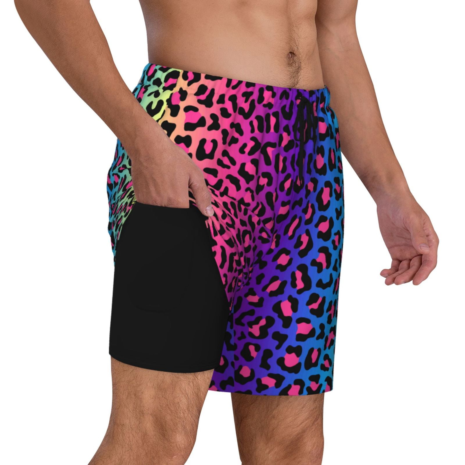 Tebeau Leopard Neon Rainbow Gradient Print Men's Swim Trunks with ...