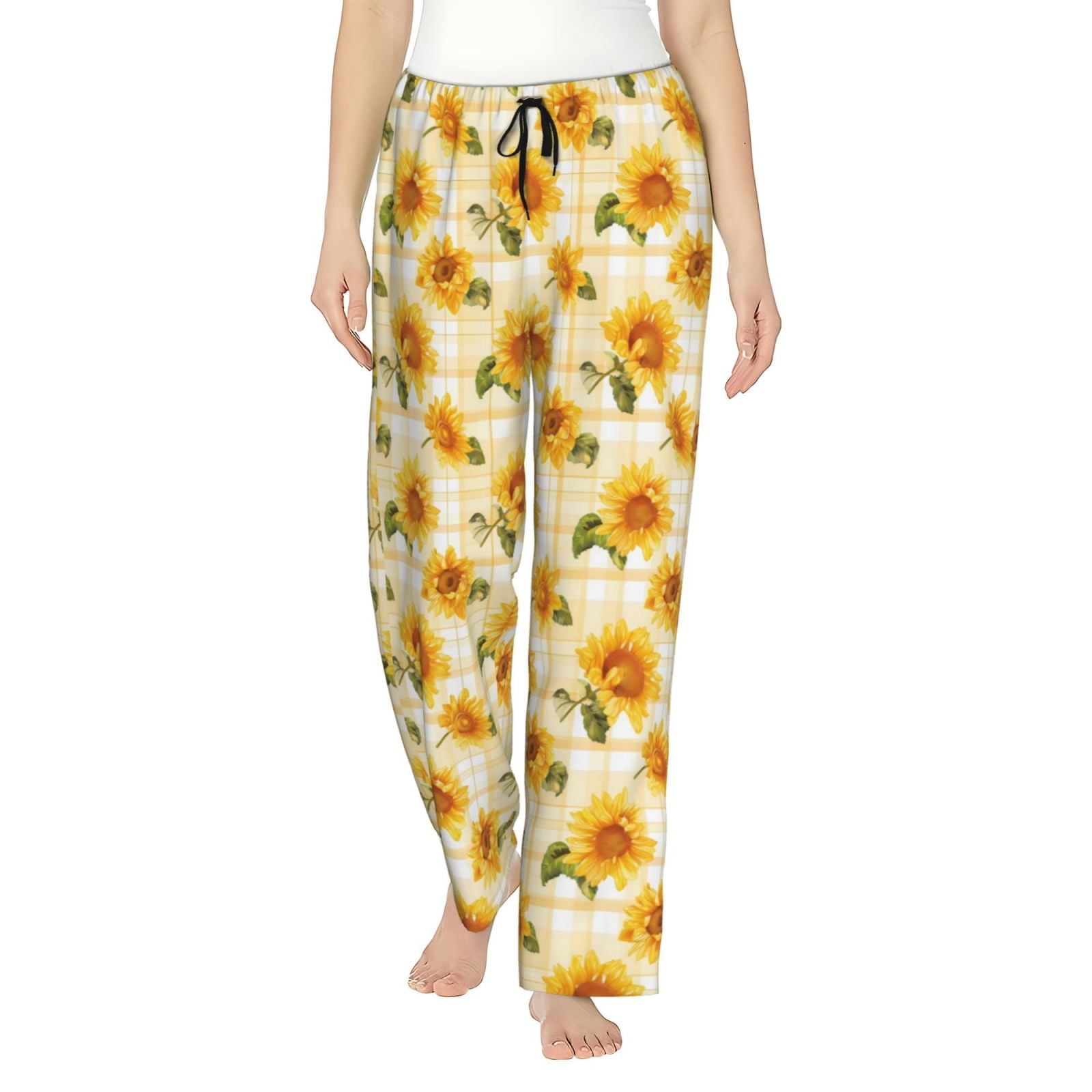 Tebeau Light Yellow Plaid Sunflower Print Women Pajama Pants Women's ...