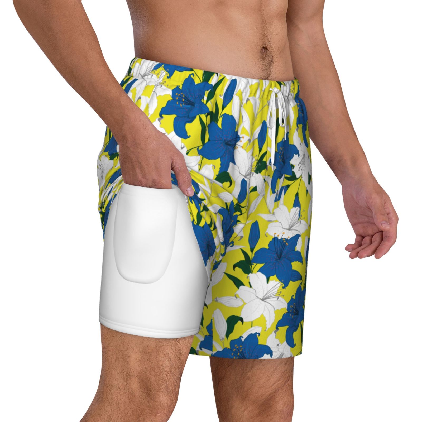 Tebeau Lilies Flowers Print Men's Swim Trunks with Compression Liner ...
