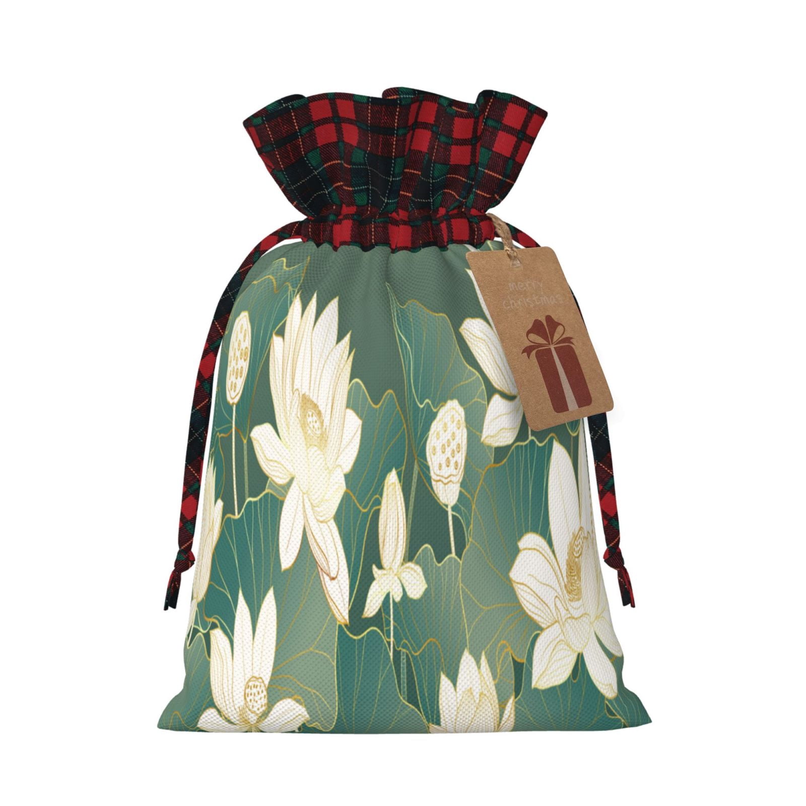 Tebeau Lotus Golden Line Print Christmas Drawstring Bags Burlap Candy ...