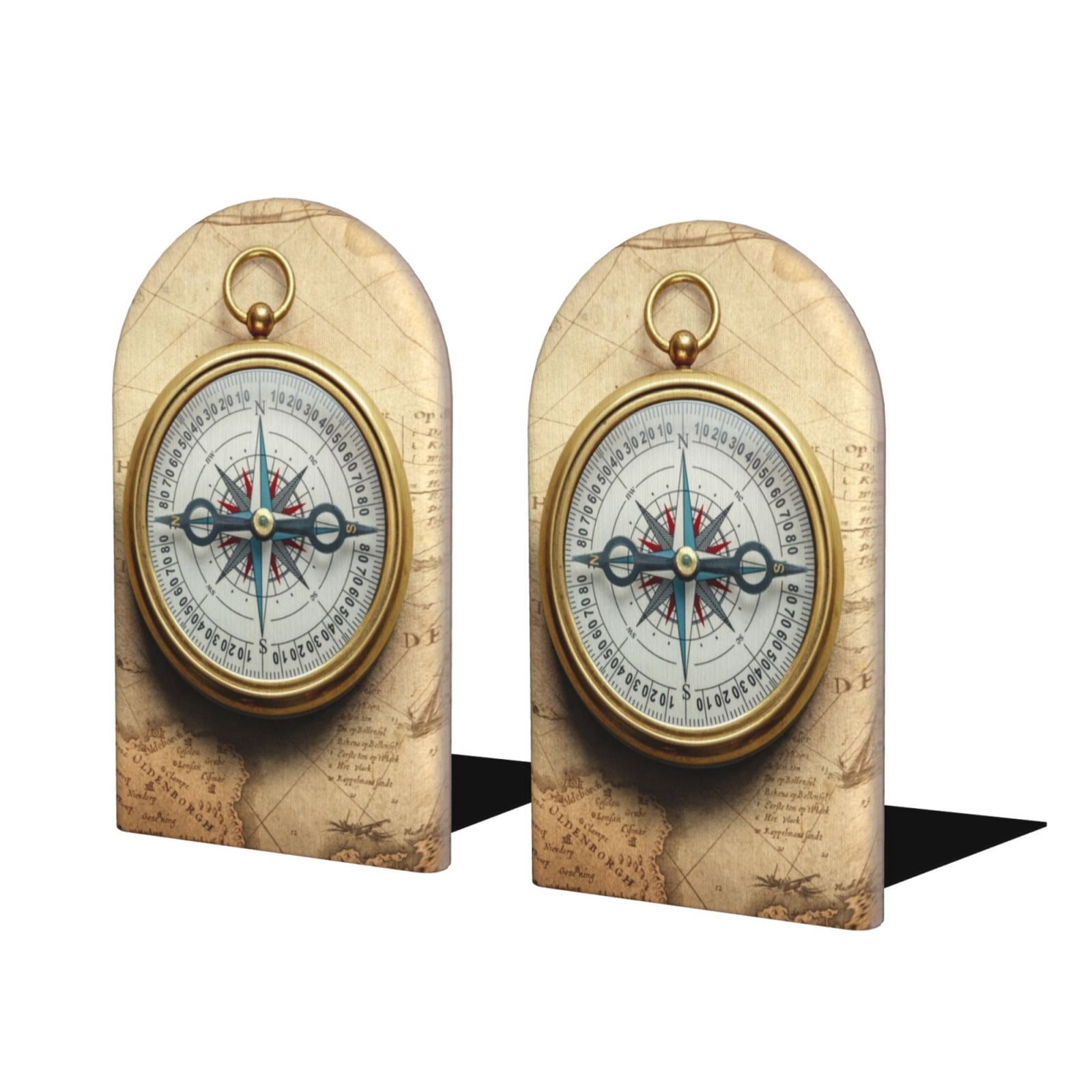 Tebeau Magnetic Old Compass On World Map Print Wood Bookends for ...