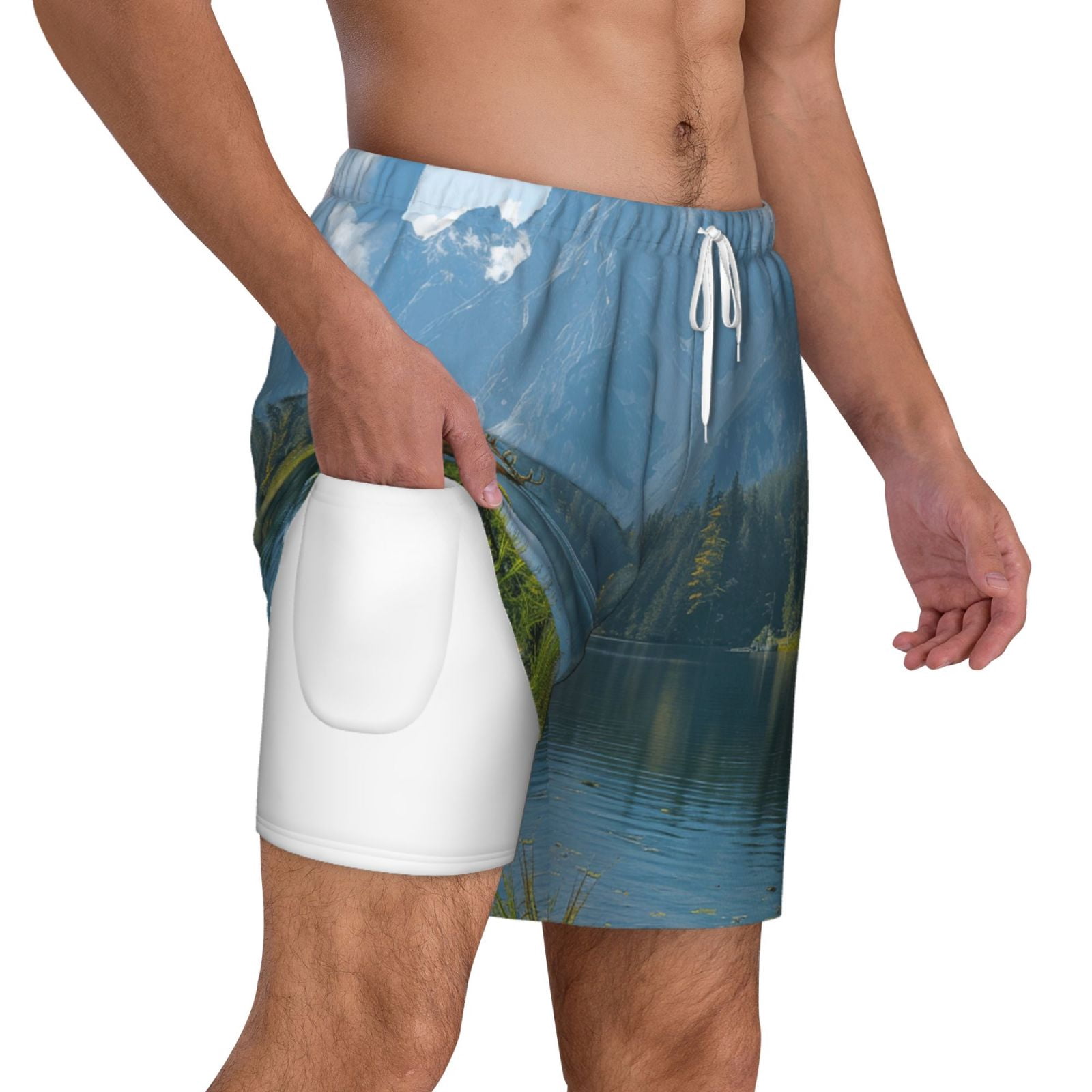 Tebeau Majestic Deer Mountain Lake Print Men's Swim Trunks with ...