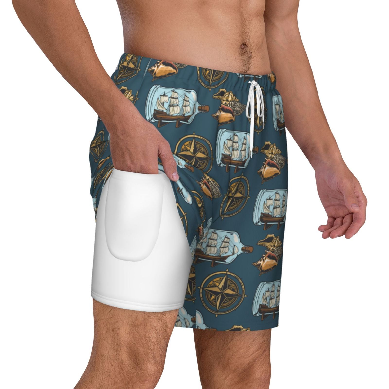 Tebeau Miniature Ship In Bottle Print Men's Swim Trunks with ...