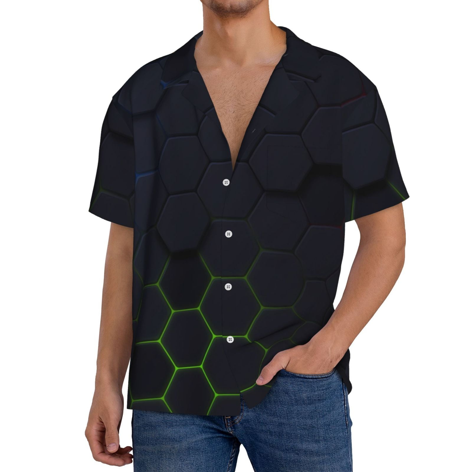 Tebeau Modern Hexagonal Neon Grid Print Men's Short-Sleeve Mens Casual ...