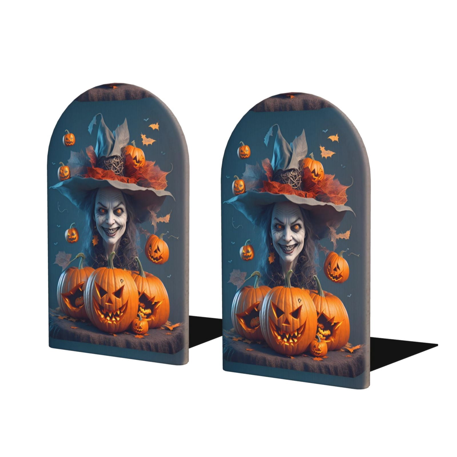 Tebeau Modern Style Pumpkin Witch Print Wood Bookends for Shelves ...