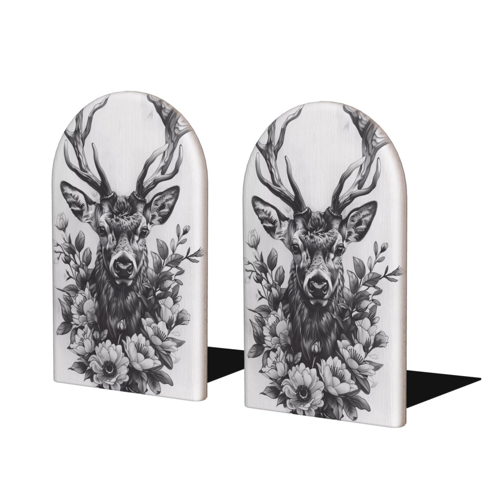 Tebeau Monochrome Deer Floral Print Wood Bookends for Shelves,Bookends ...