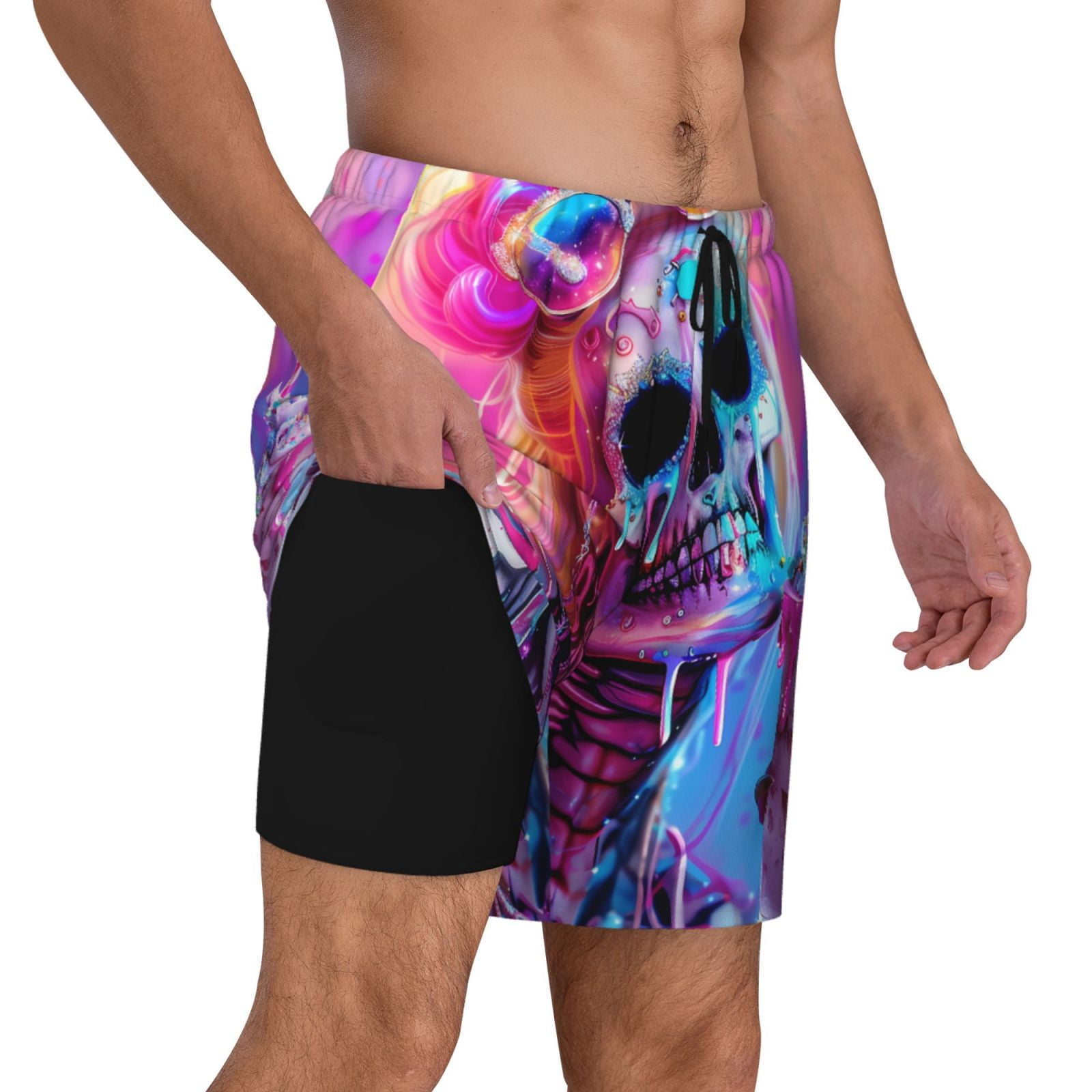 Tebeau Neon Skull With Milkshake Print Men's Swim Trunks with ...