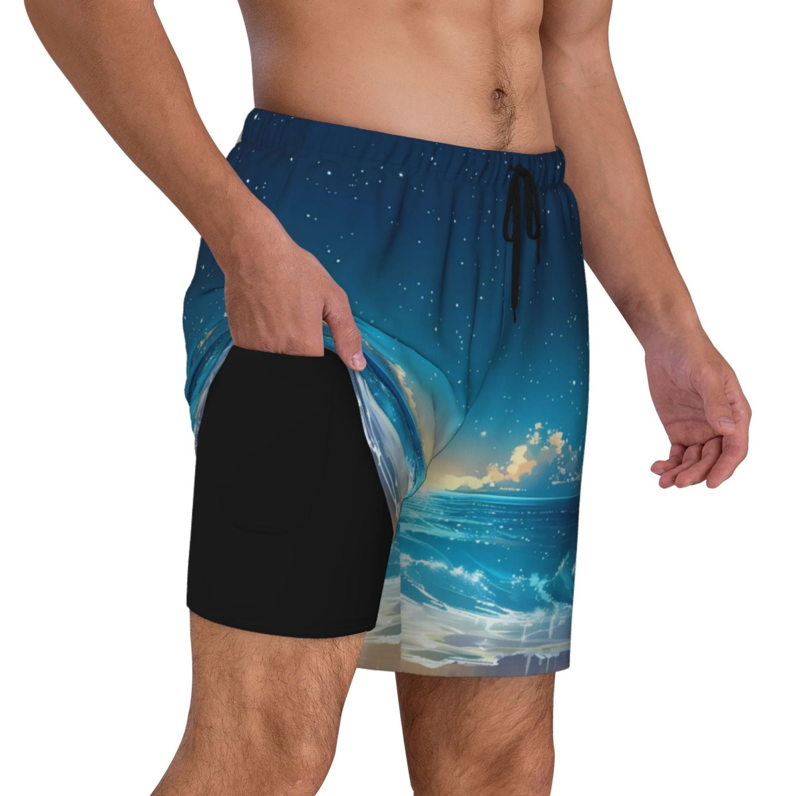 Tebeau Night Sky Beach Scene Print Men's Swim Trunks with Compression ...