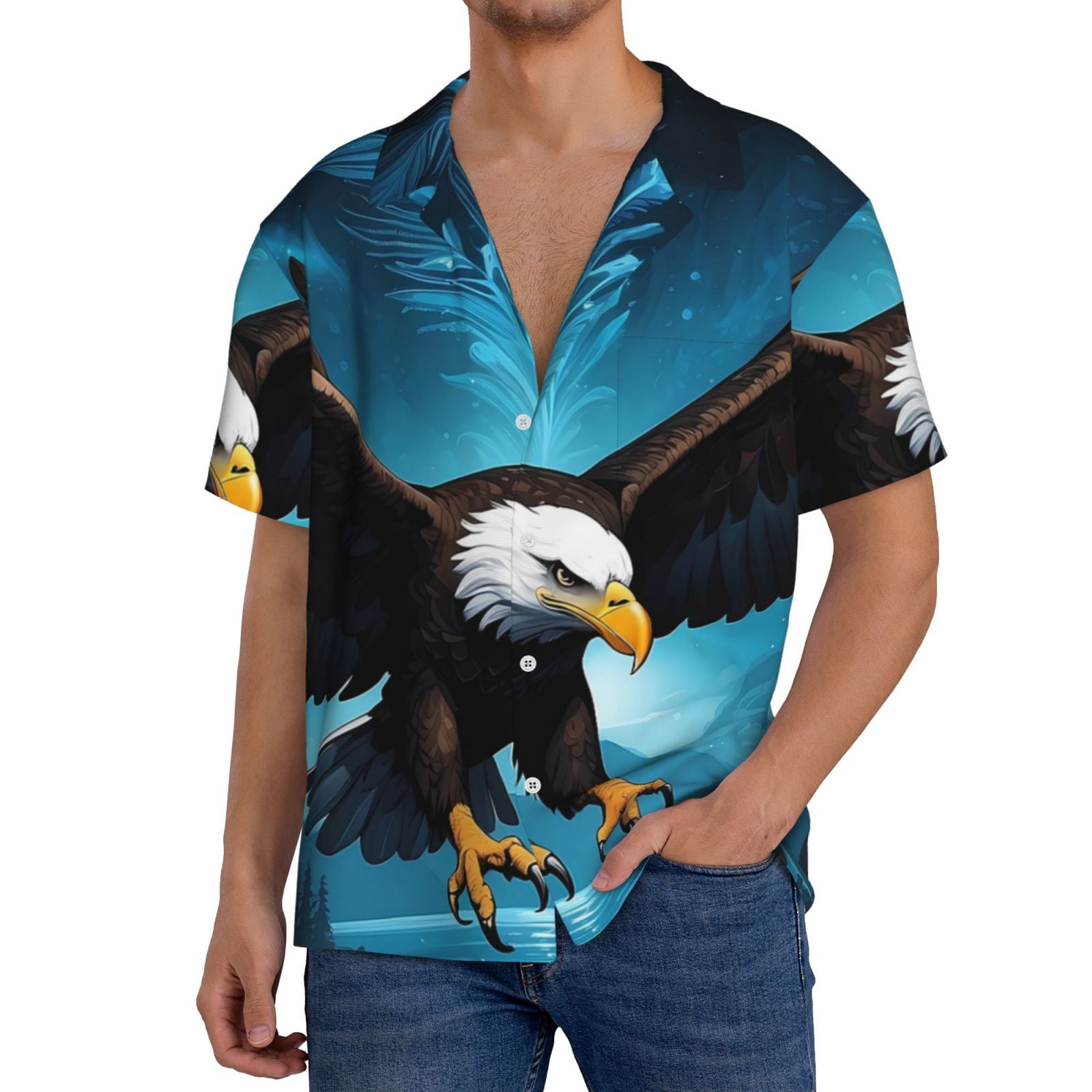 Tebeau Night Sky Forest Bald Eagle Print Men's Short-Sleeve Mens Casual ...