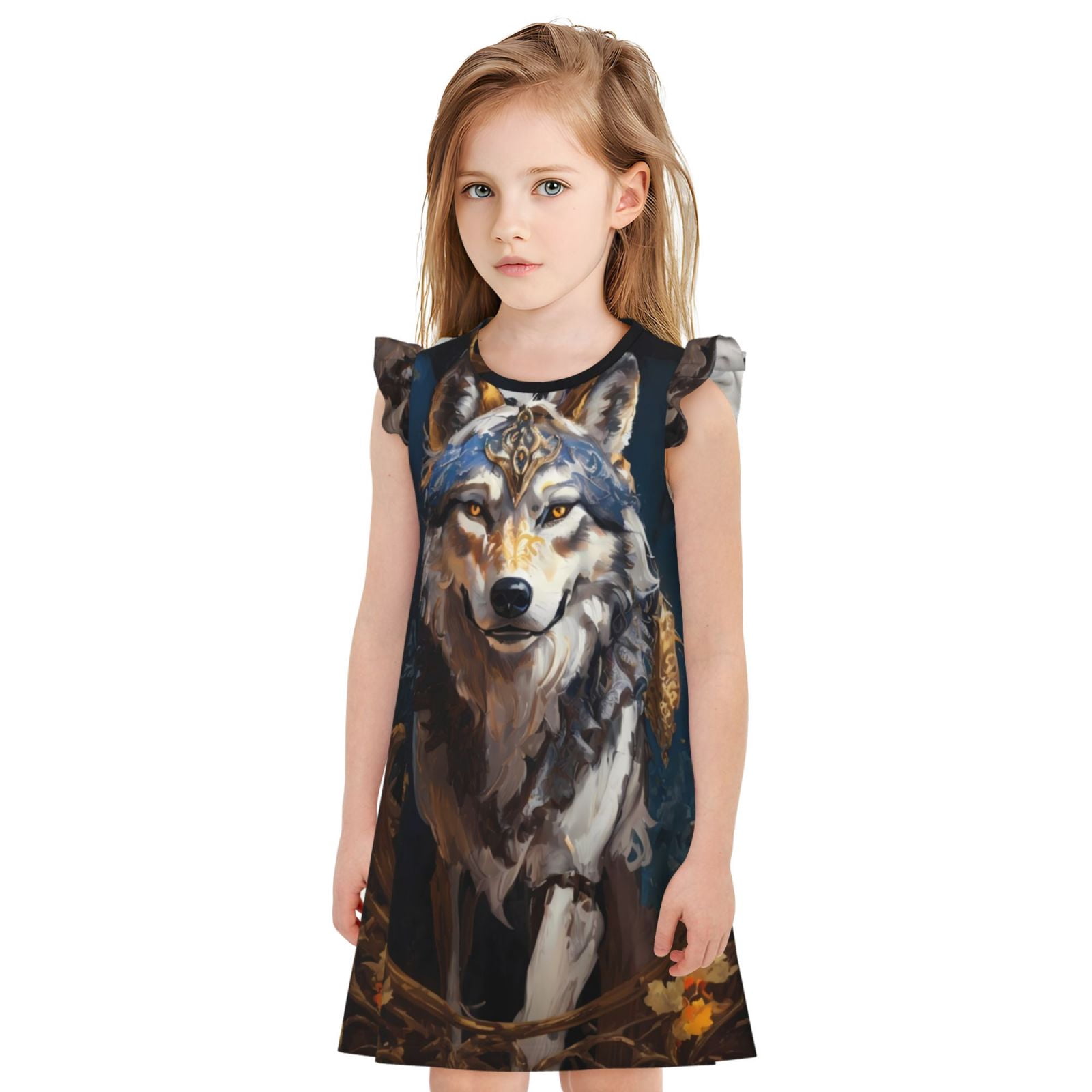 Tebeau Oil Painting Tribal Wolf Print Girls Nightgowns Flutter Sleeve ...