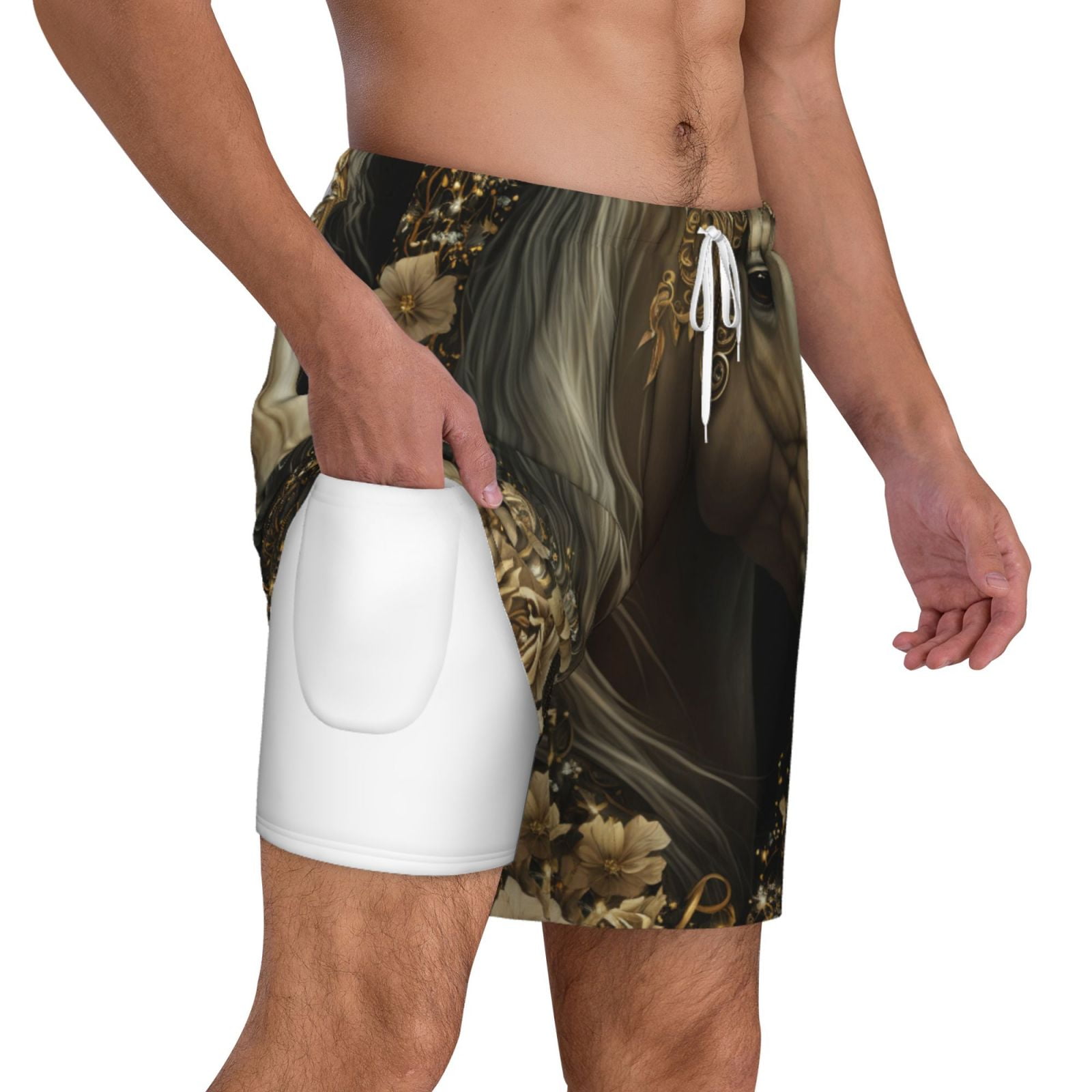 Tebeau Palatial Gold Pattern Horse Print Men's Swim Trunks with ...