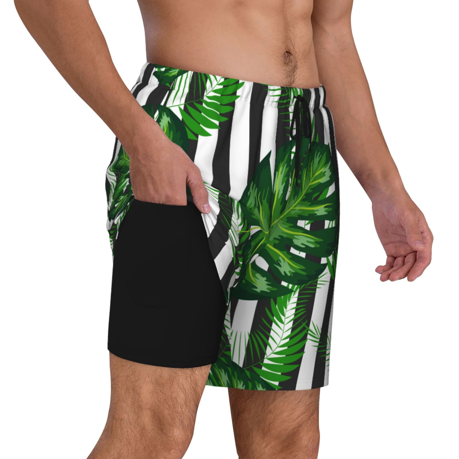 Tebeau Palm Greenery Print Men's Swim Trunks with Compression Liner ...
